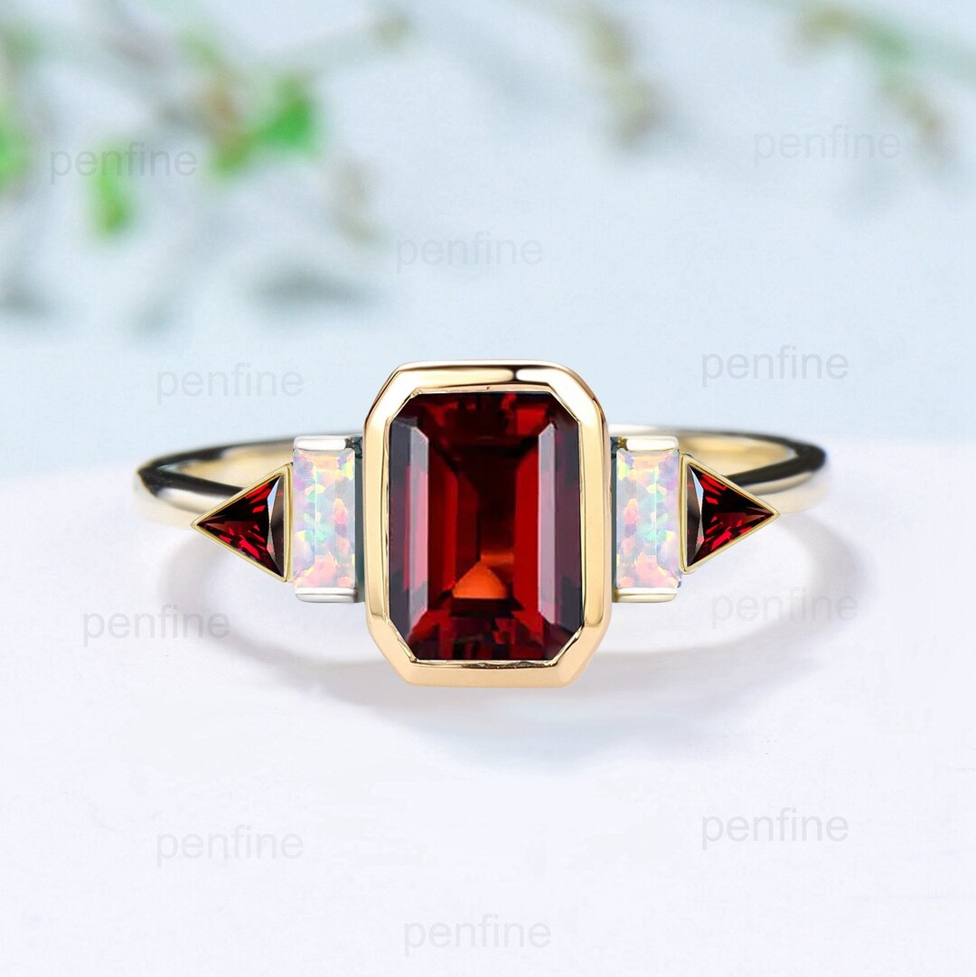 Vintage Emerald Cut Garnet Engagement Ring Baguette White Opal Trillion ...
