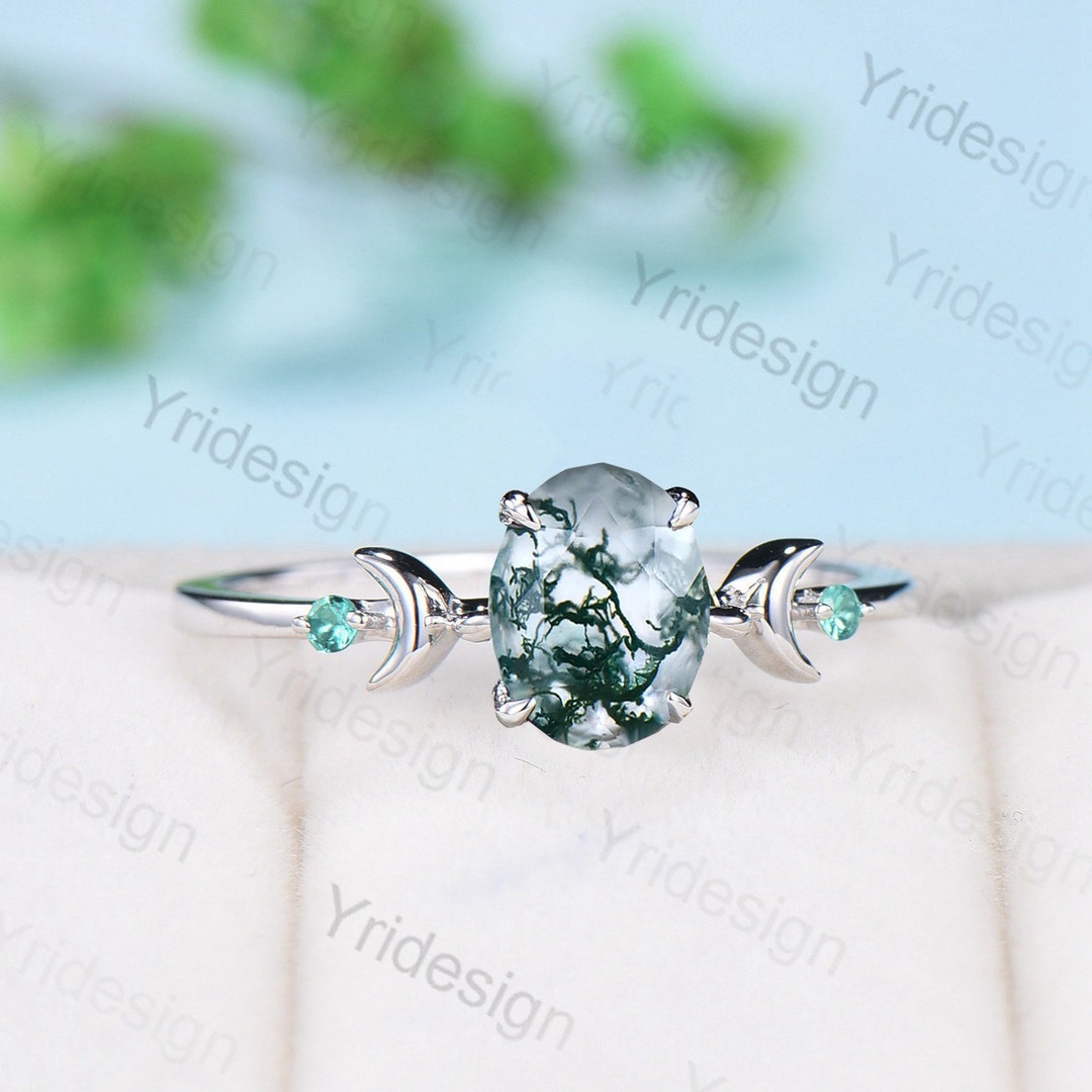 Vintage Moon Green Aquatic Agate Ring Unique Minimalist Moss Agate ...