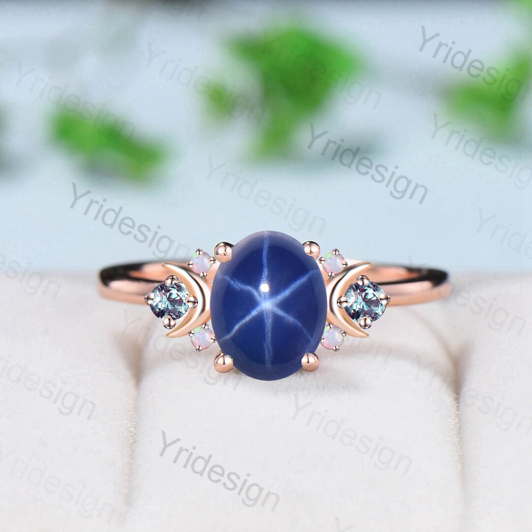 Vintage Star Blue Sapphire Engagement Ring Unique Galaxy Moon Crystal ...