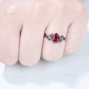 Elegant Black Gold Ruby Ring Vintage Lab Ruby Engagement Ring Leaf ...