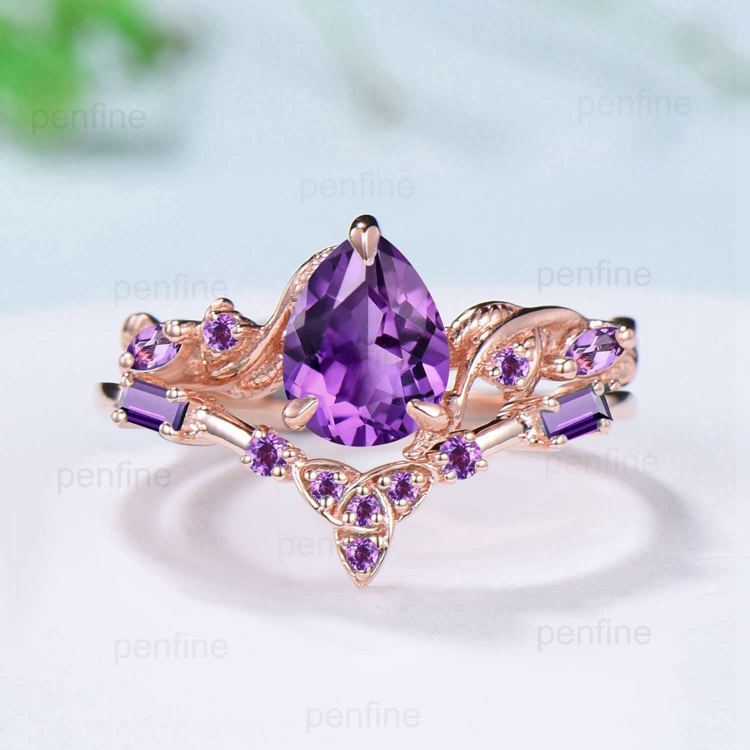 Vintage Amethyst Ring Set Nature Inspired Purple Crystal Engagement ...