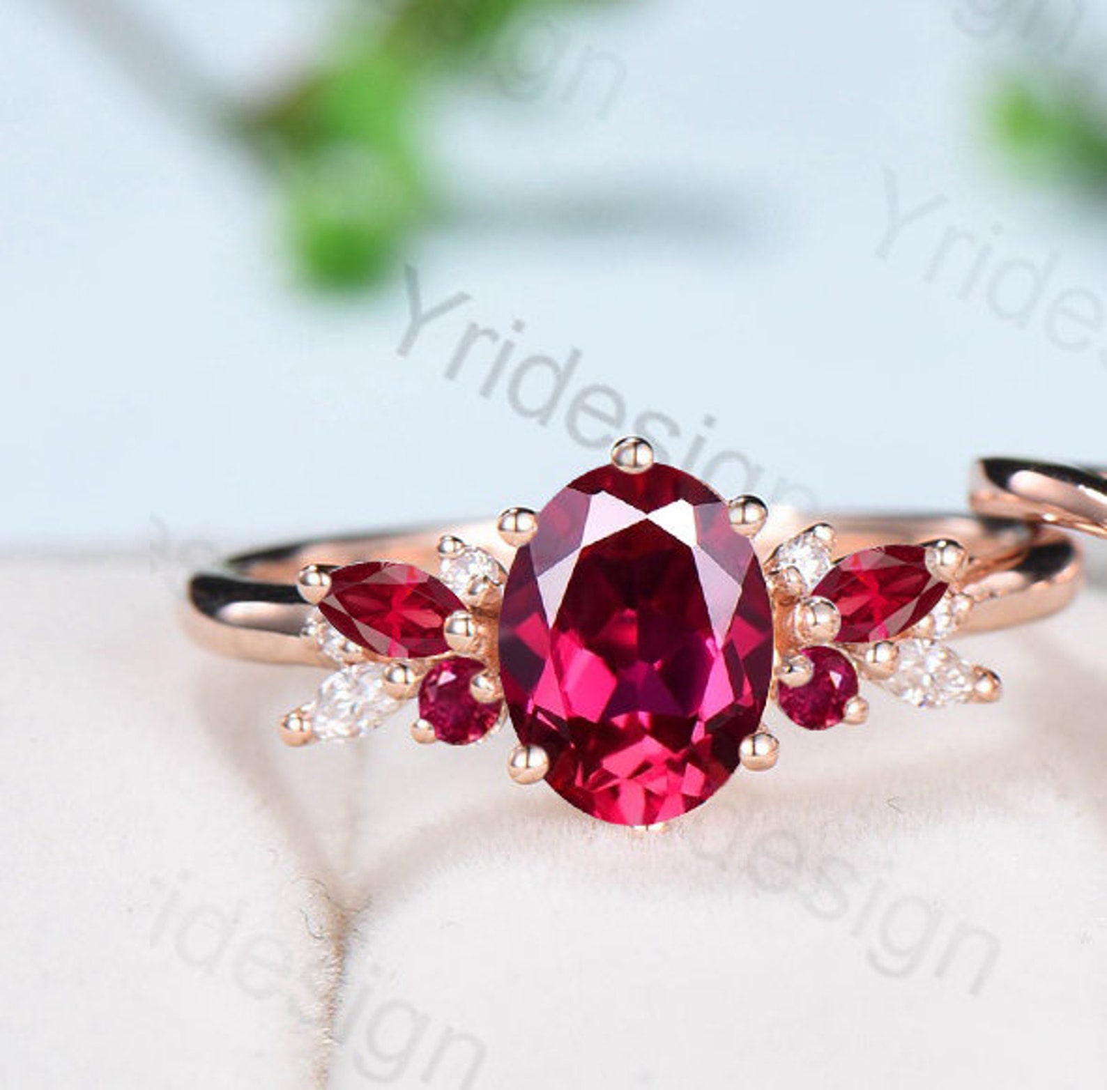 Oval Ruby Wedding Ring Set Rose Gold Ruby Diamond Engagement - Etsy