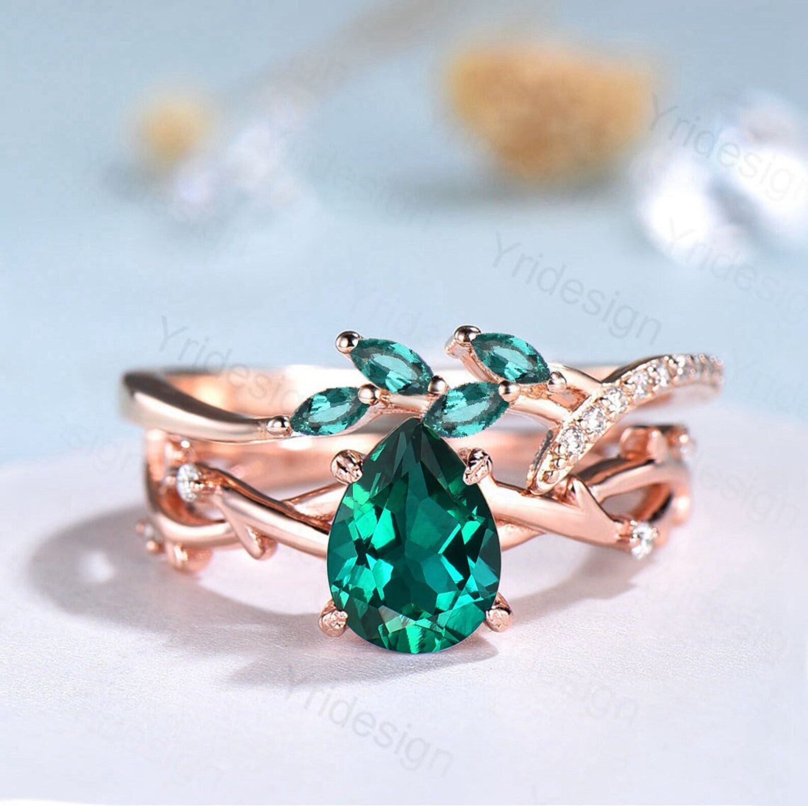 Vintage Pear Shaped Green Stone Wedding Set - Etsy