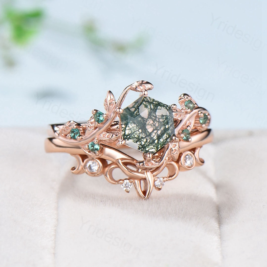 Nature Inspired Moss Agate Ring Set Elegant Aquatic Agate Engagement ...