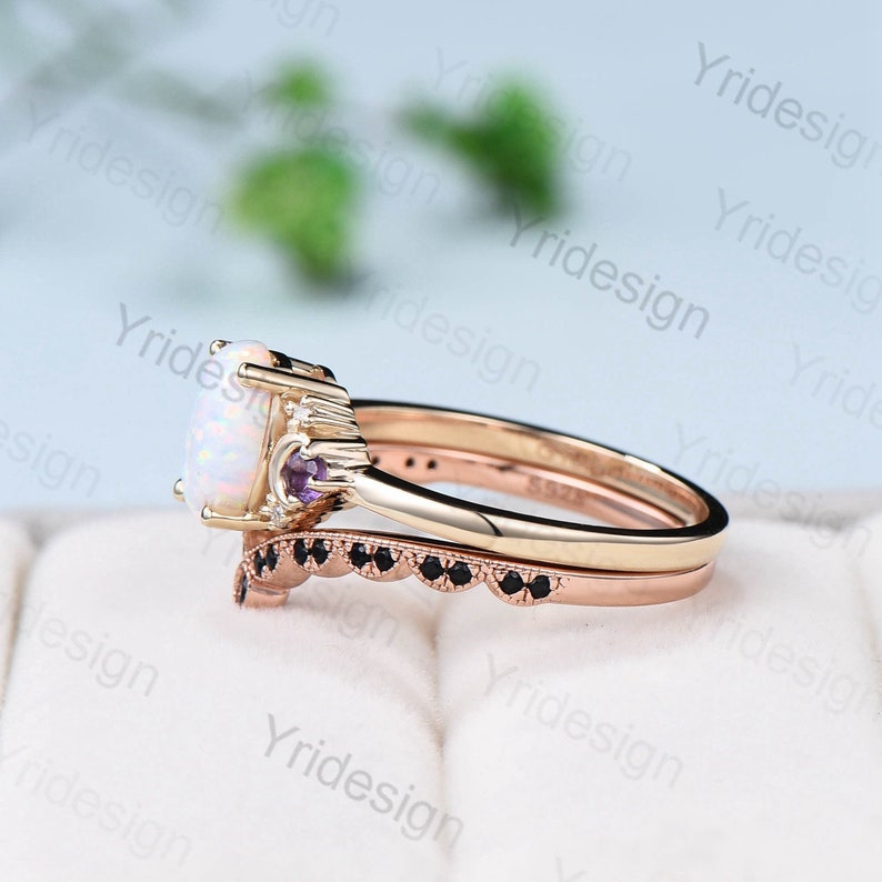 Vintage Moon Opal Engagement Ring Set Unique Celestial Moon - Etsy