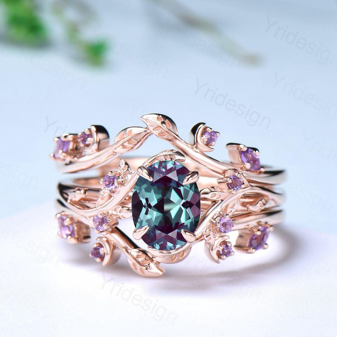 Nature Inspired Alexandrite Wedding Ring Set Cluster Amethyst Color ...