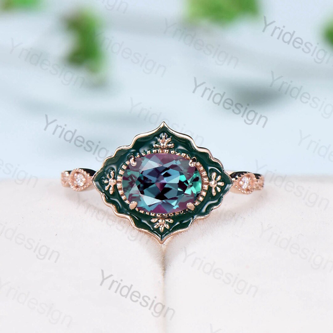 Vintage Alexandrite Engagement Ring Unique Enamel Green Stone Wedding ...
