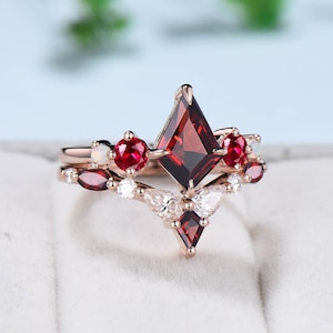 Vintage Kite Ruby Engagement Ring Set 1ct Ruby Bridal Wedding Ring Set ...