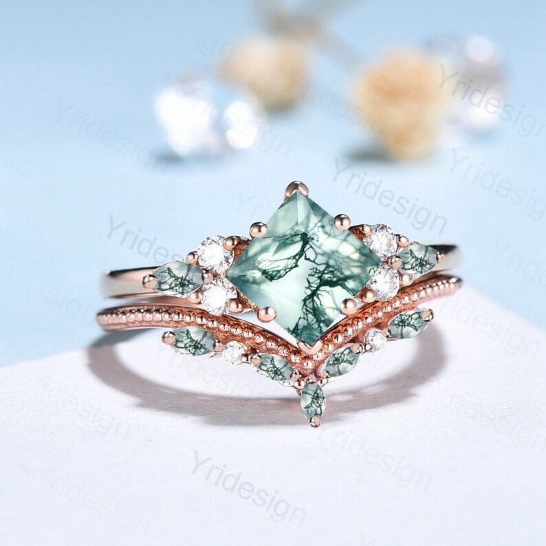 Vintage Princess Cut Moss Agate Engagement Ring Set Silver - Etsy