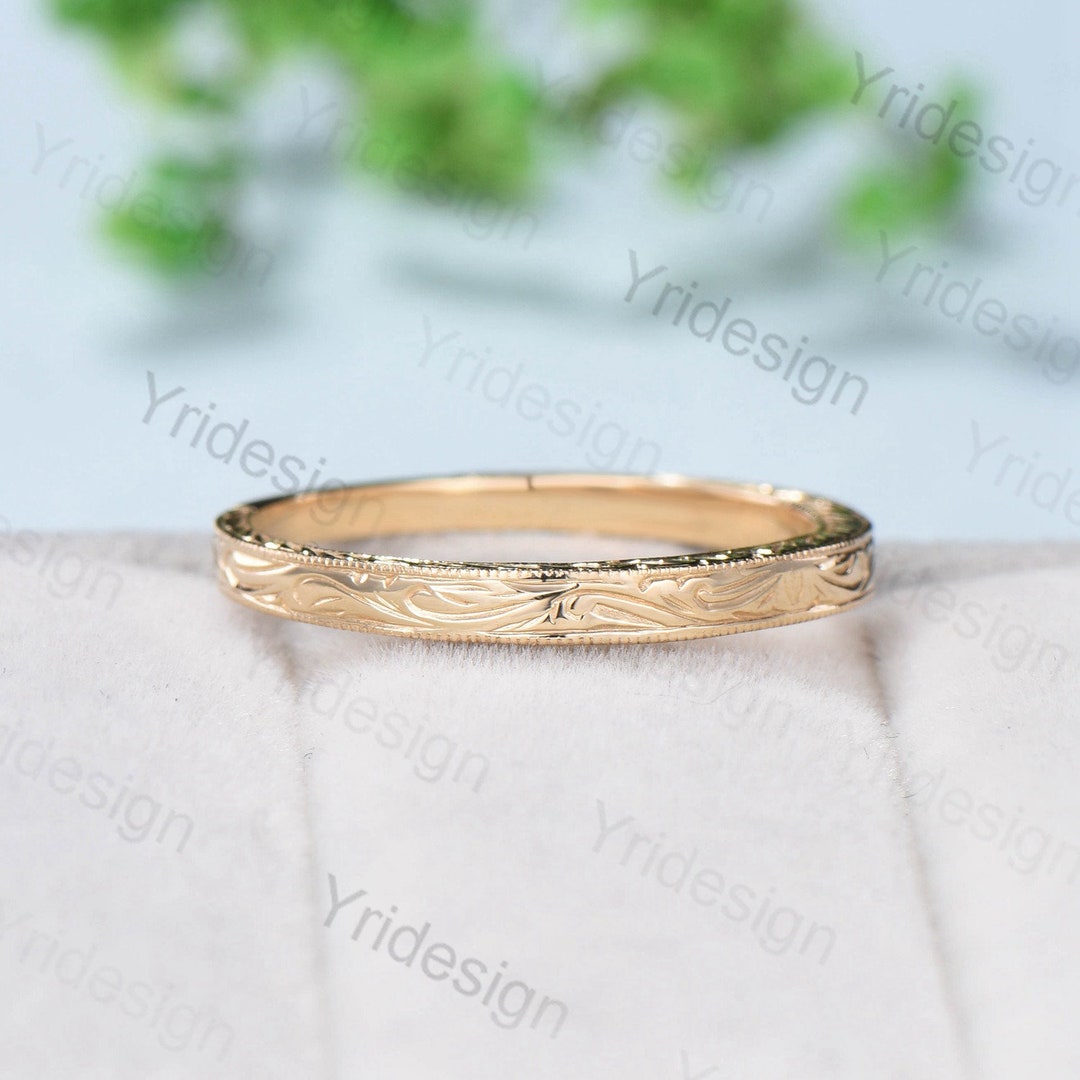 14k Yellow Gold Floral Wedding Band, Filigree Milgrain Stacking Ring - Etsy