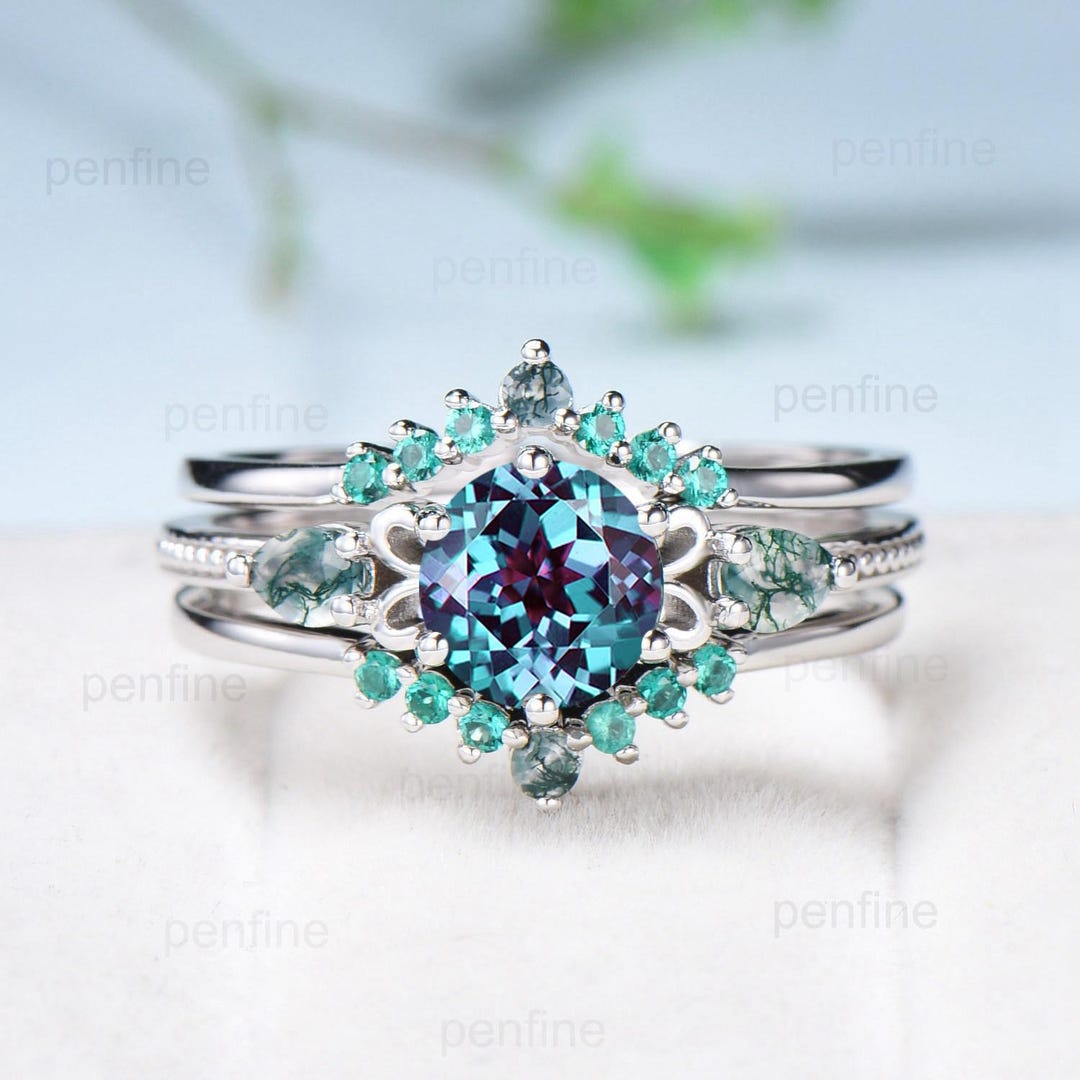 Three Stone Alexandrite Engagement Ring Set Accent Pear Moss Agate ...