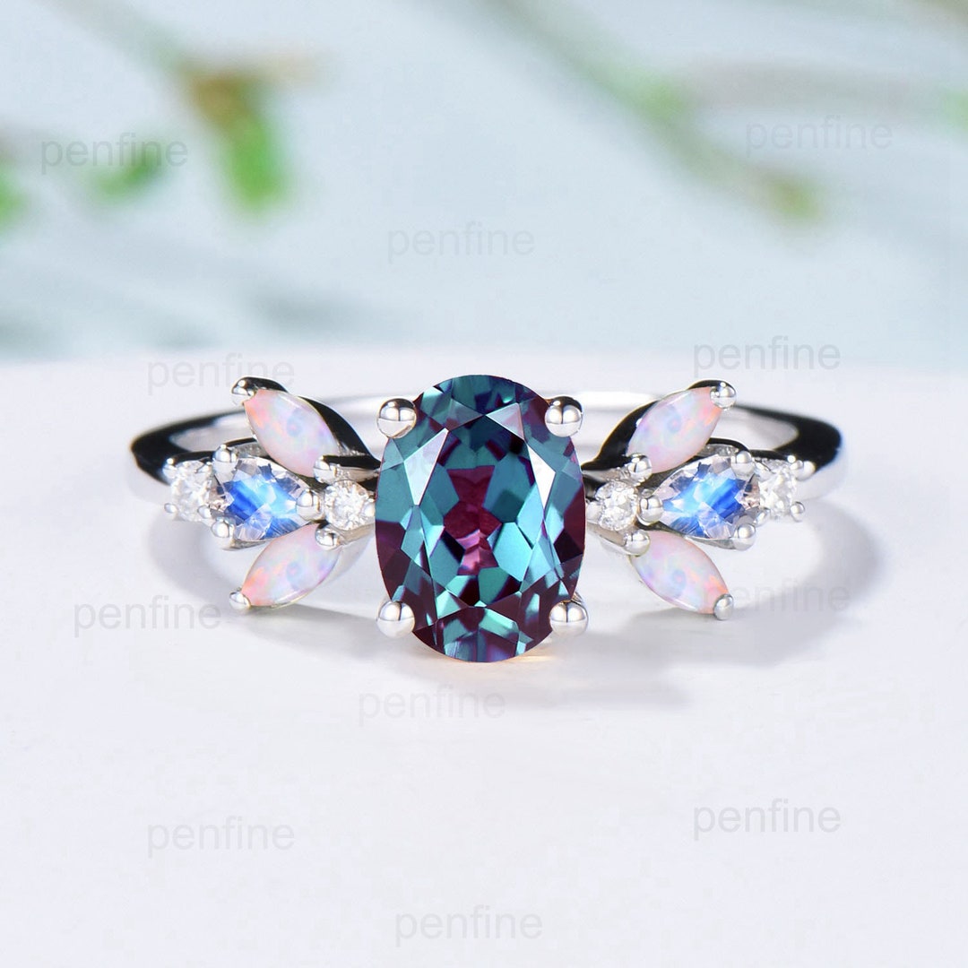 Unique Oval Alexandrite Engagement Rings Multi-stone Rings Marquise Cut Opal Wedding Ring ...