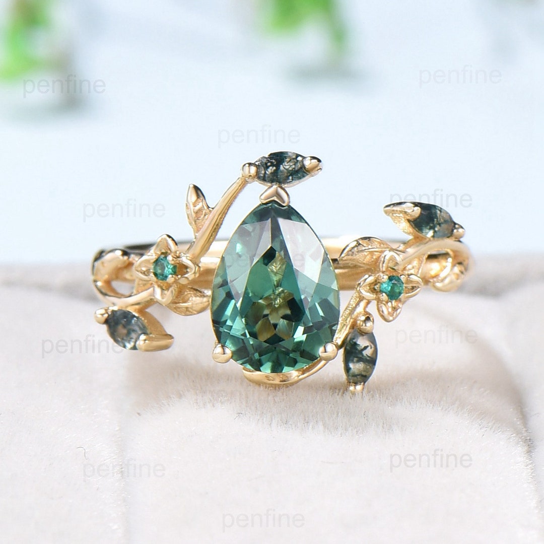Elegant Pear Green Sapphire Ring Nature Inspired Teal Sapphire ...