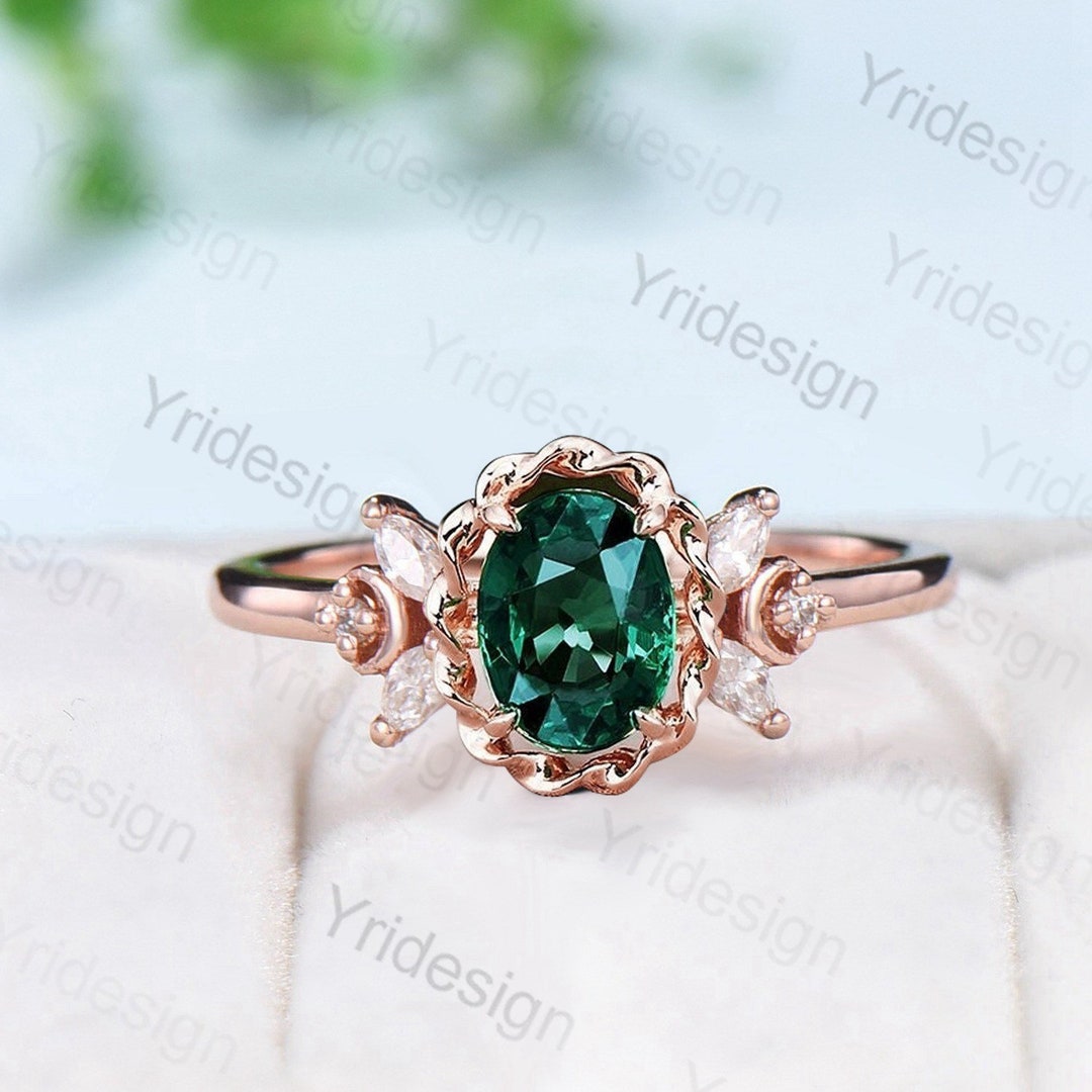 Unique Filigree Emerald Engagement Ring Vintage Moon Emerald Wedding ...