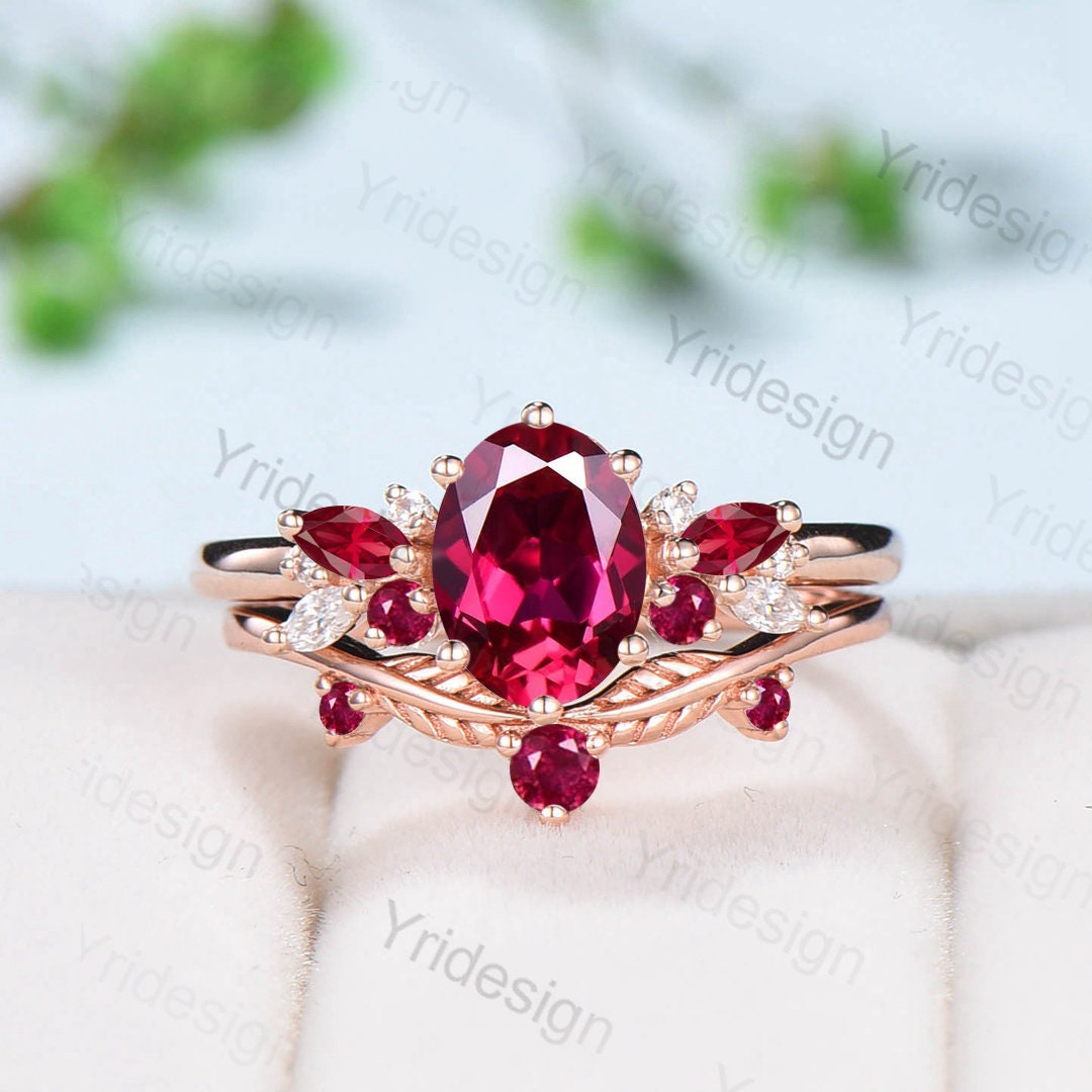 Oval Ruby Wedding Ring Set Rose Gold Ruby Diamond Engagement - Etsy