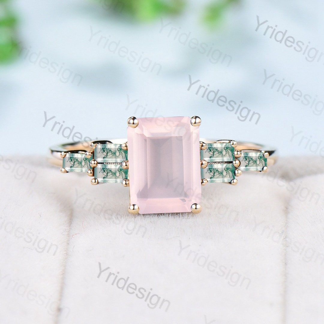 Natural Emerald Cut Rose Quartz Engagement Ring Cluster Baguette Moss ...