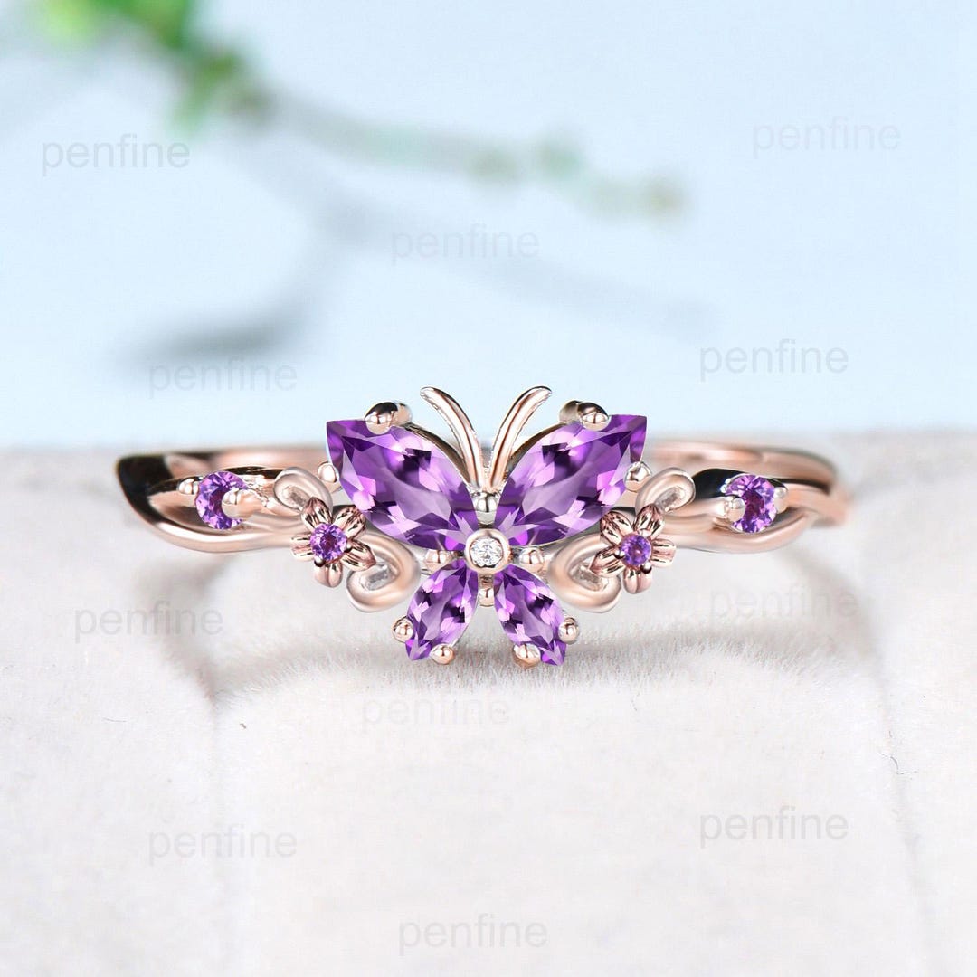 Vintage Butterfly Amethyst Engagement Ring Unique Marquise Cut Purple ...