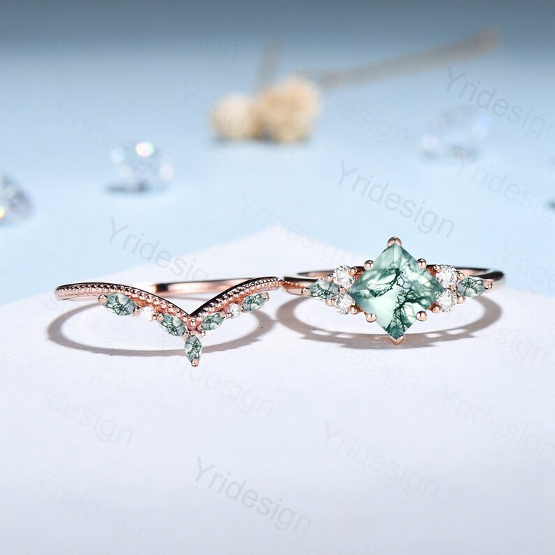 Vintage Princess Cut Moss Agate Engagement Ring Set Silver - Etsy