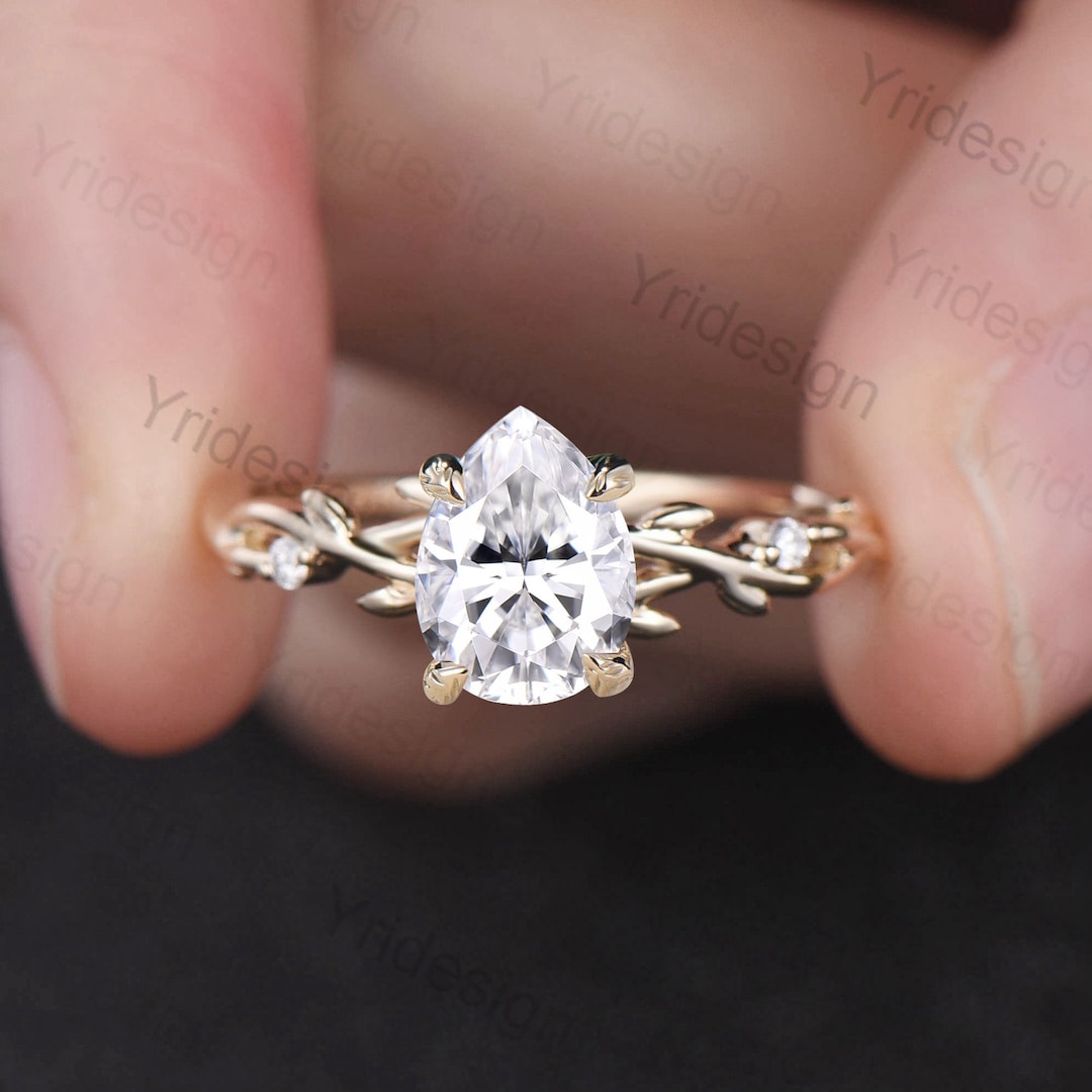 Pear Shaped Moissanite Ring Leaf Branch Moissanite Engagement Ring 14K ...