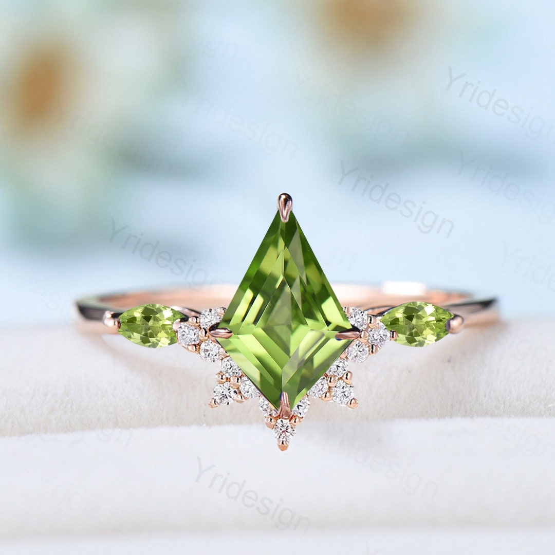 Vintage Kite Cut Peridot Engagement Ring 14k Rose Gold Marquise Cut ...