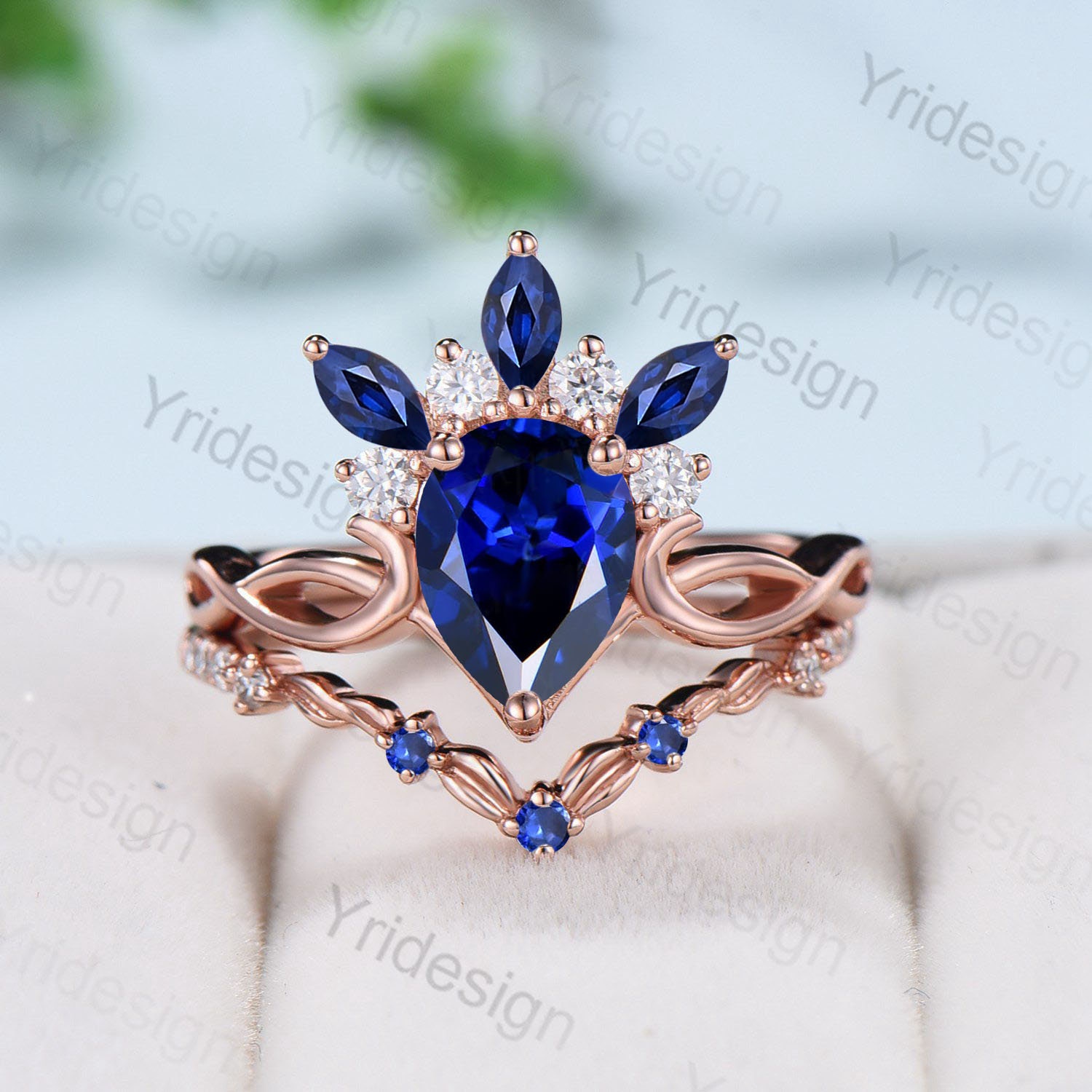 Vintage Pear Shaped Sapphire Wedding Ring Set Rose Gold Unique - Etsy