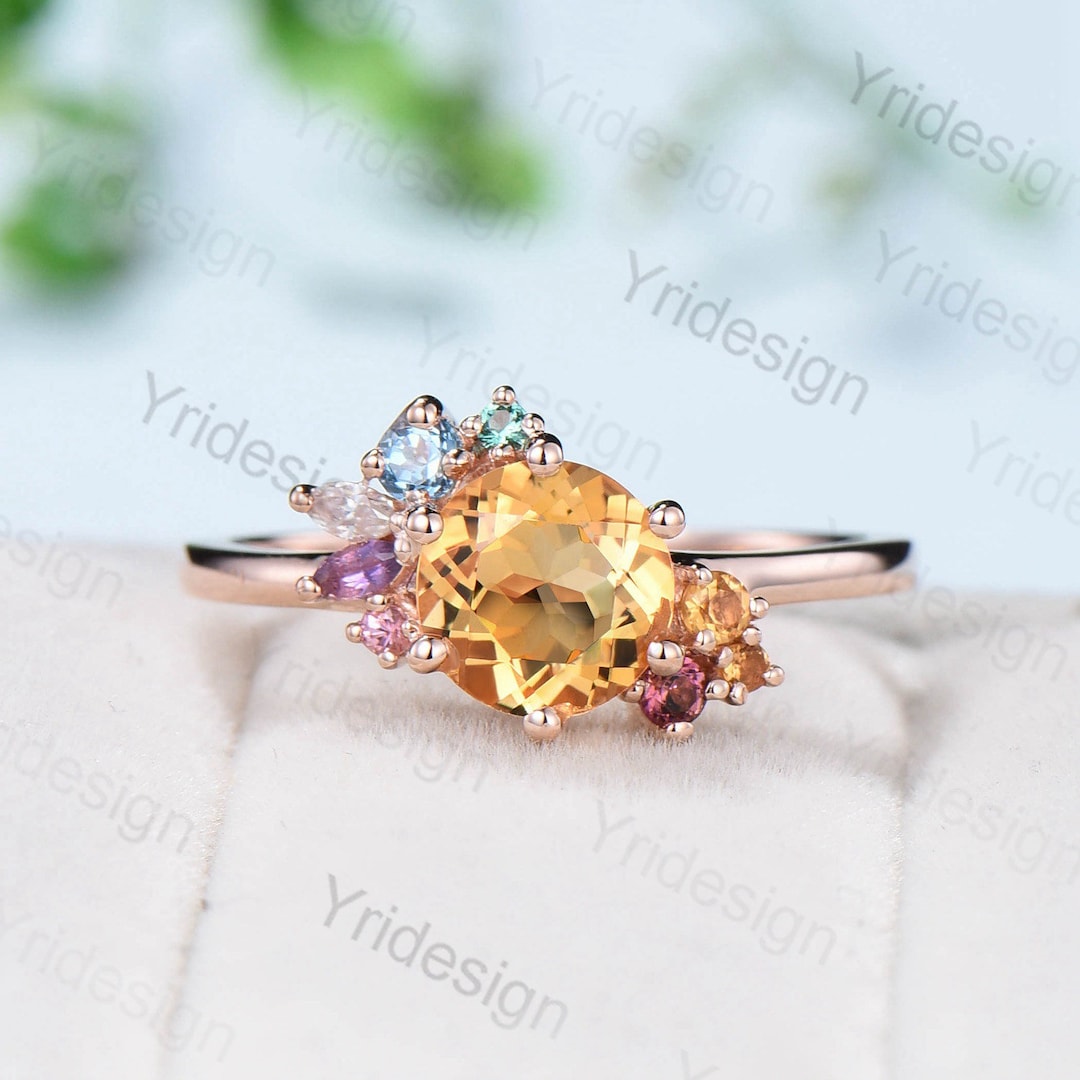 Unique Rainbow Engagement Ring Vintage Citrine Engagement Ring Gold ...