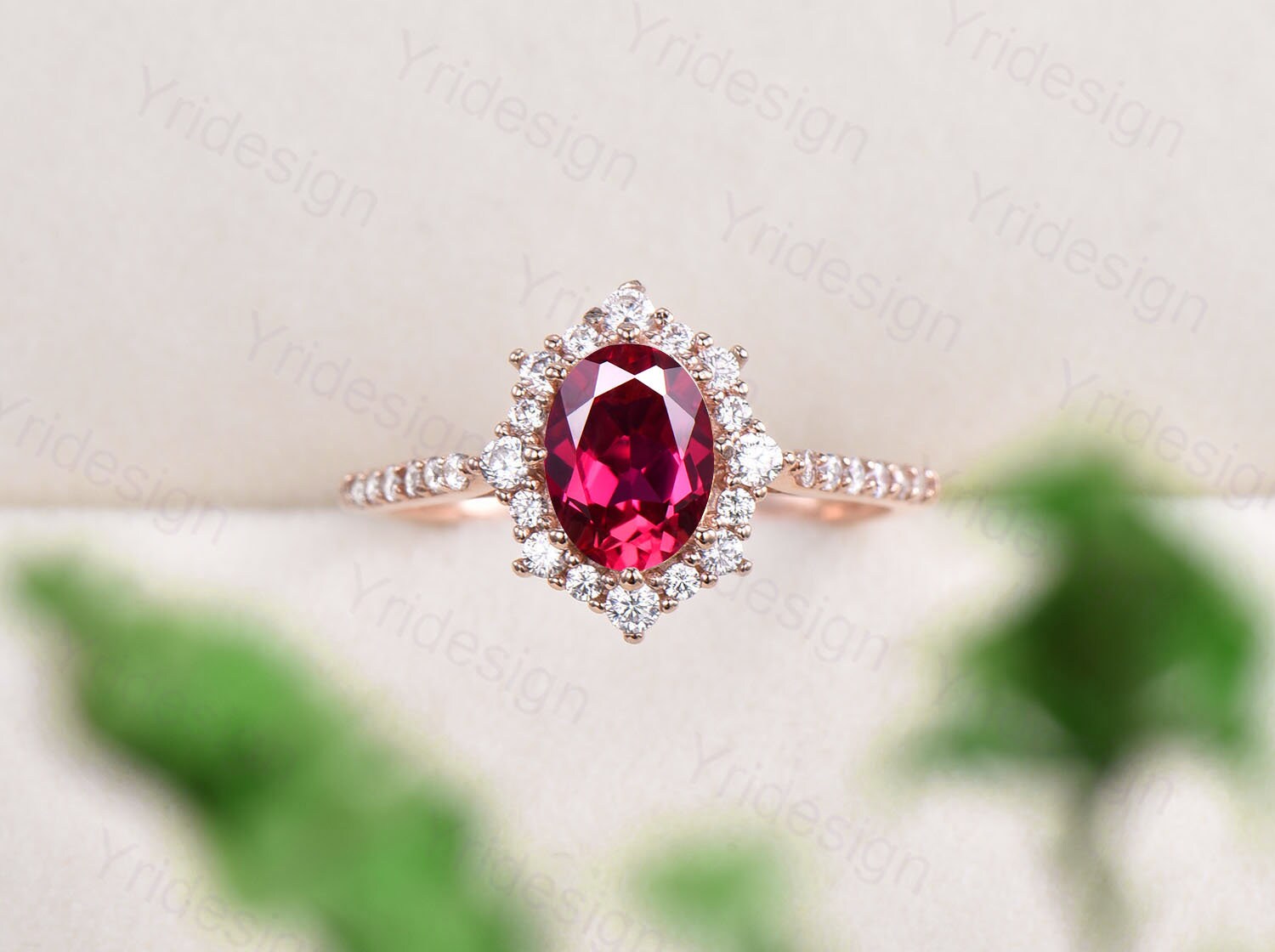 6x8mm oval ruby ring gold for women vintage cluster halo | Etsy