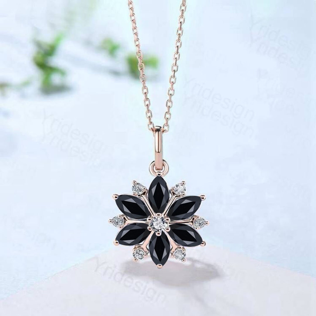 Vintage Snowflake Onyx Pendant Necklace Unique Retro Marquise Spinel ...