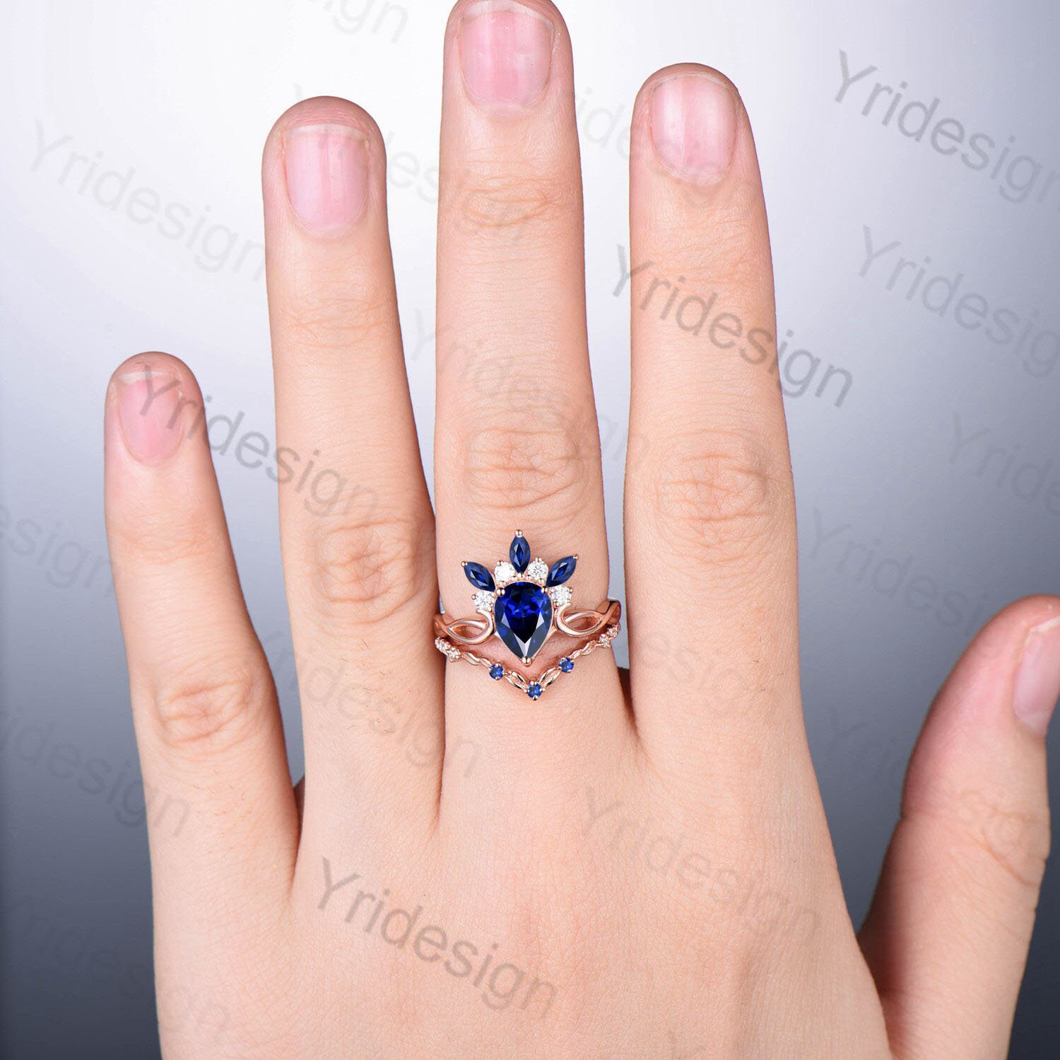 Vintage Pear Shaped Sapphire Wedding Ring Set Rose Gold Unique - Etsy