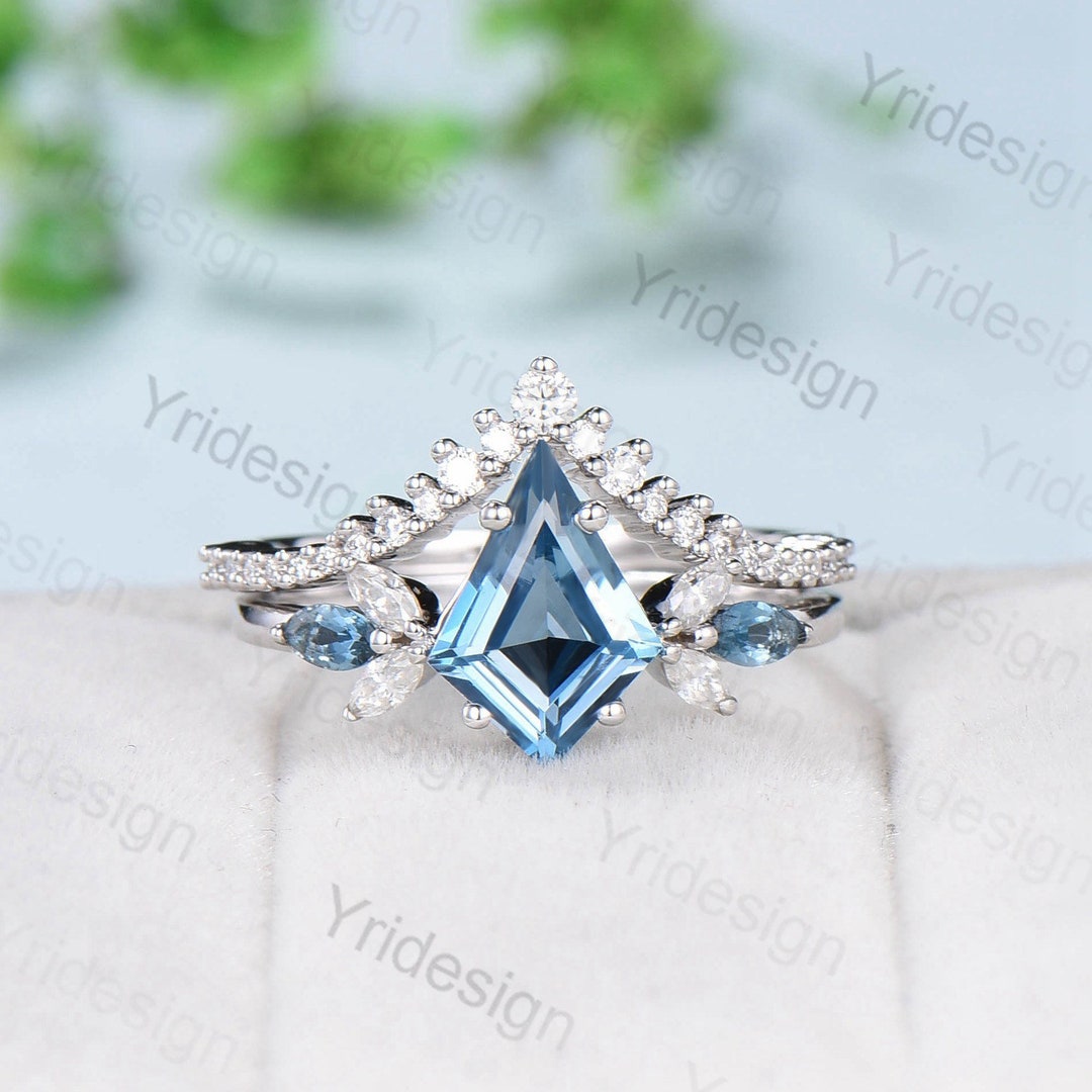 Vintage Kite Cut Swiss Blue Topaz Engagement Ring Set Seven Stone ...