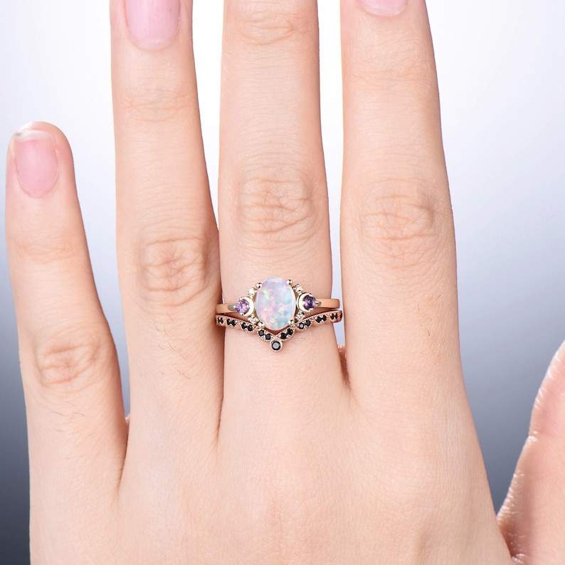 Vintage Moon Opal Engagement Ring Set Unique Celestial Moon - Etsy