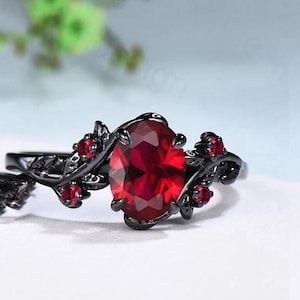 Nature Inspired Leaf Ruby Ring Set Black Gold Branch Twig Lab Ruby ...