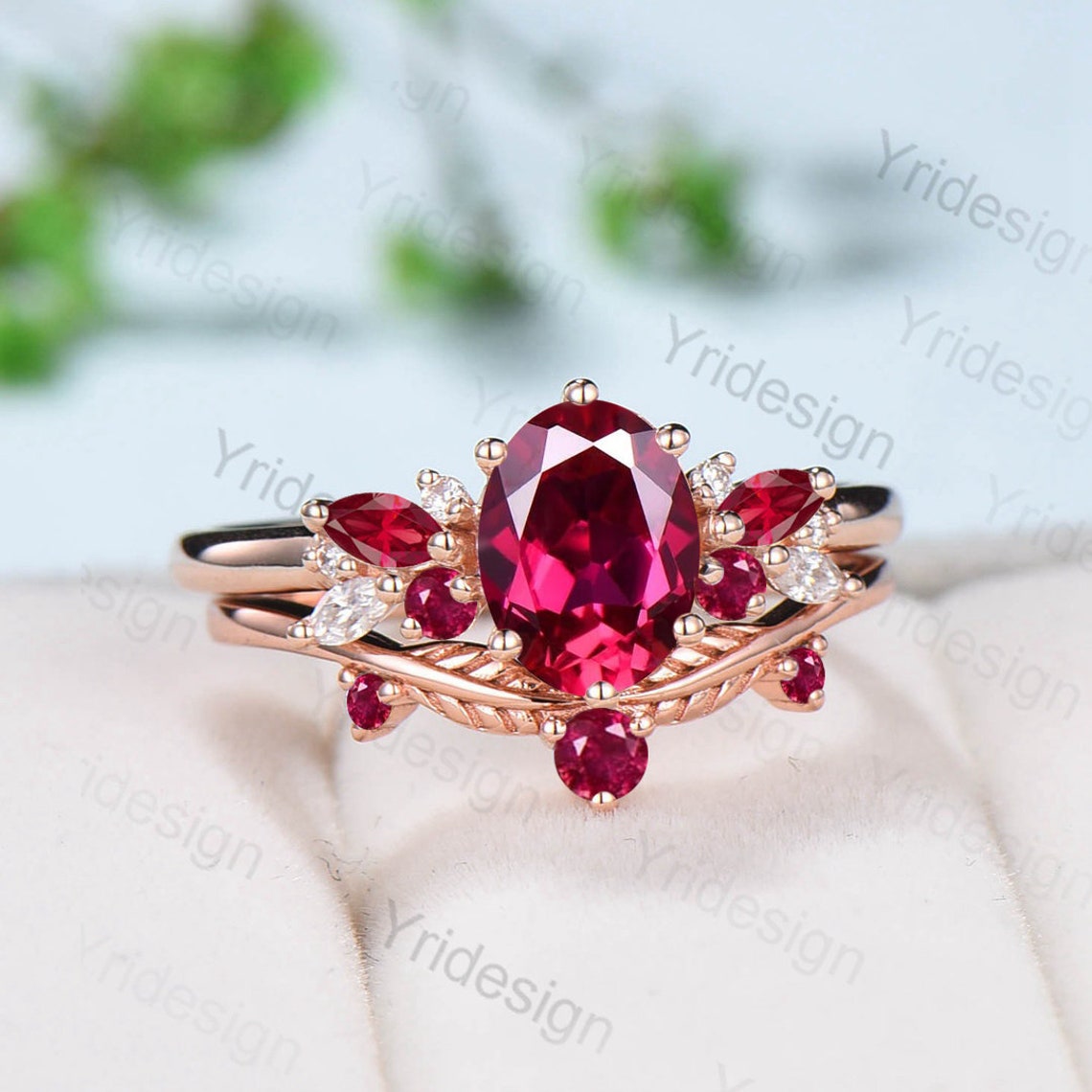 Oval Ruby Wedding Ring Set Rose Gold Ruby Diamond Engagement - Etsy