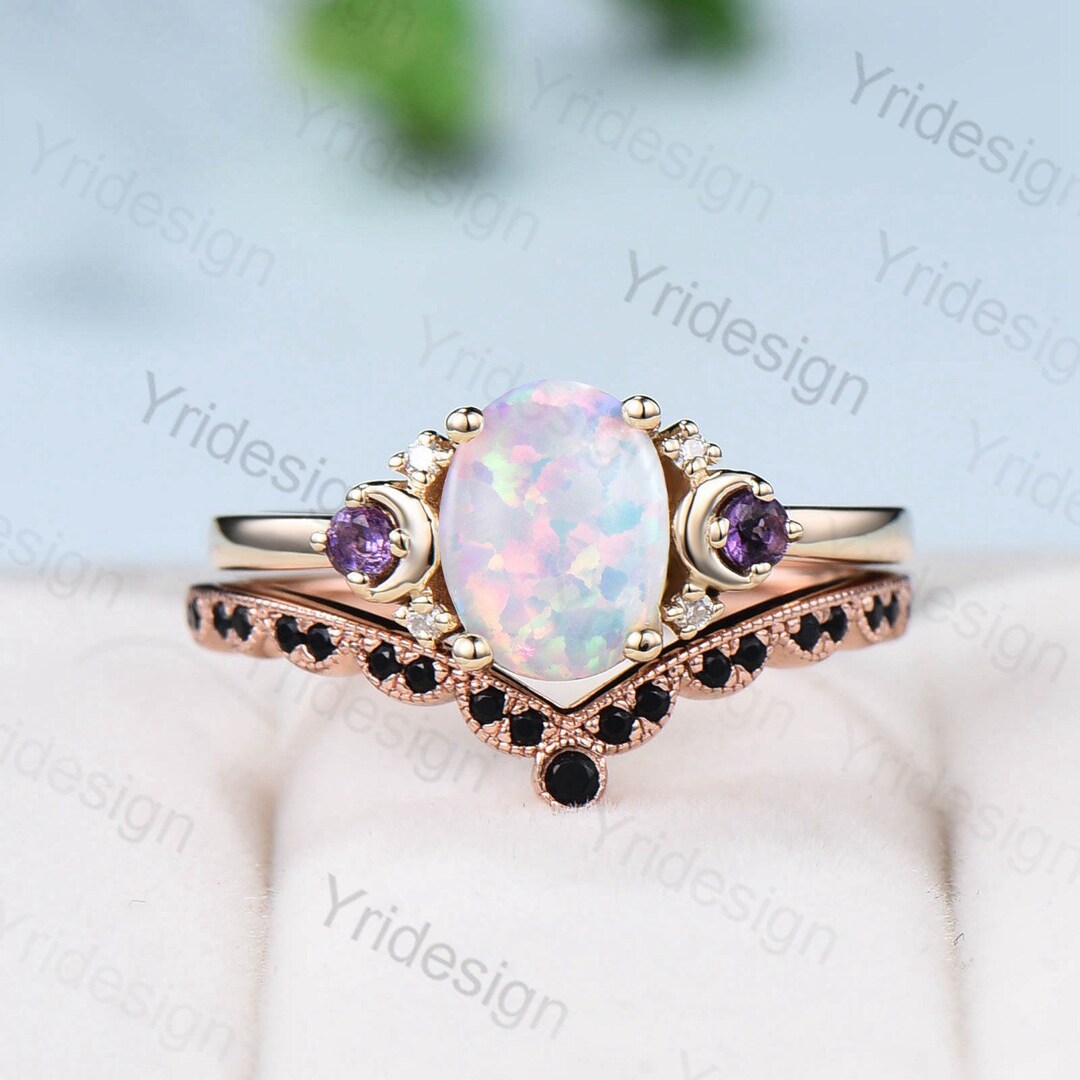 Vintage Moon Opal Engagement Ring Set Unique Celestial Moon Alternative ...