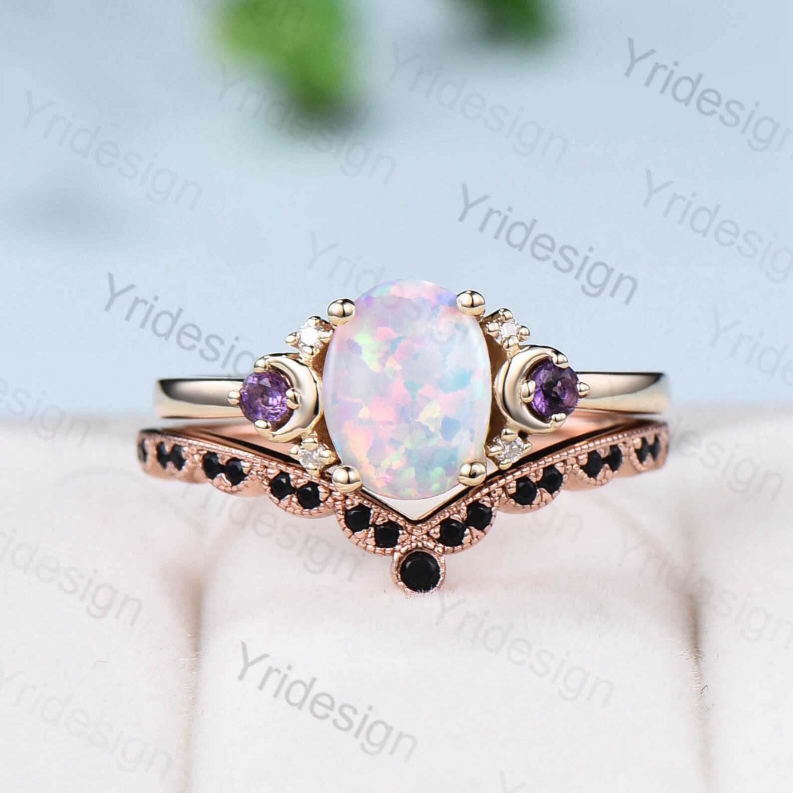 Vintage Moon Opal Engagement Ring Set Unique Celestial Moon - Etsy