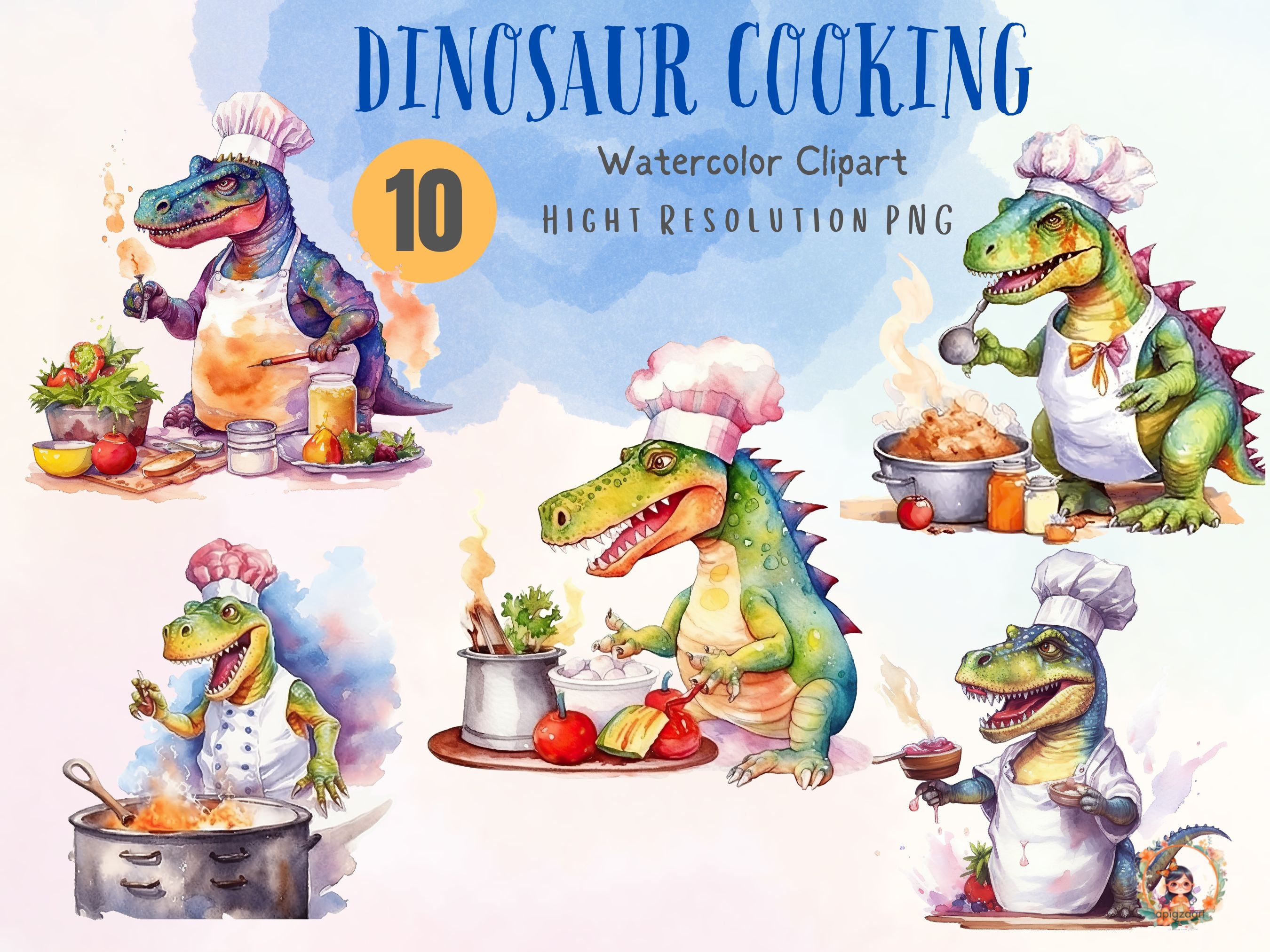 Watercolor Cute Dinosaurs Cooking Food | Dino Funny | Dinosaur Chef ...