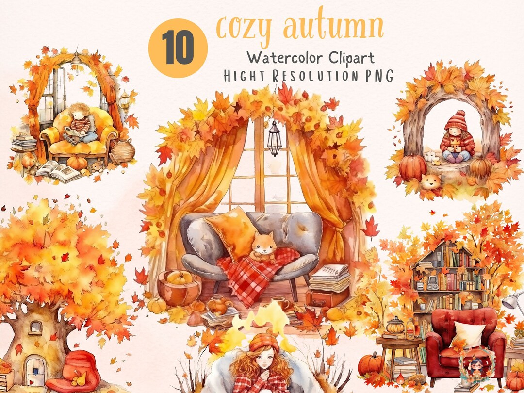 Cozy Autumn Watercolor Clipart , PNG Format Instant Digital Download ...