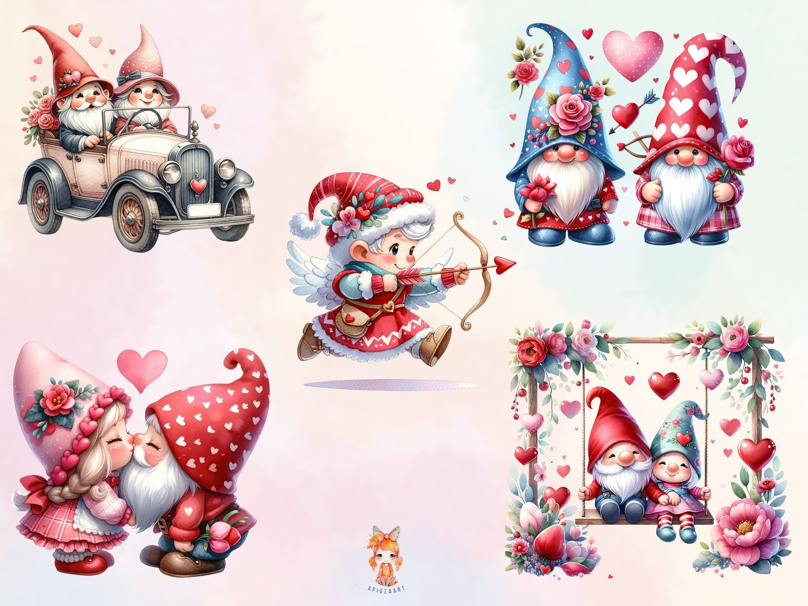 Cute Gnome in Love Clipart | Watercolor Valentine Gnome | Valentine ...