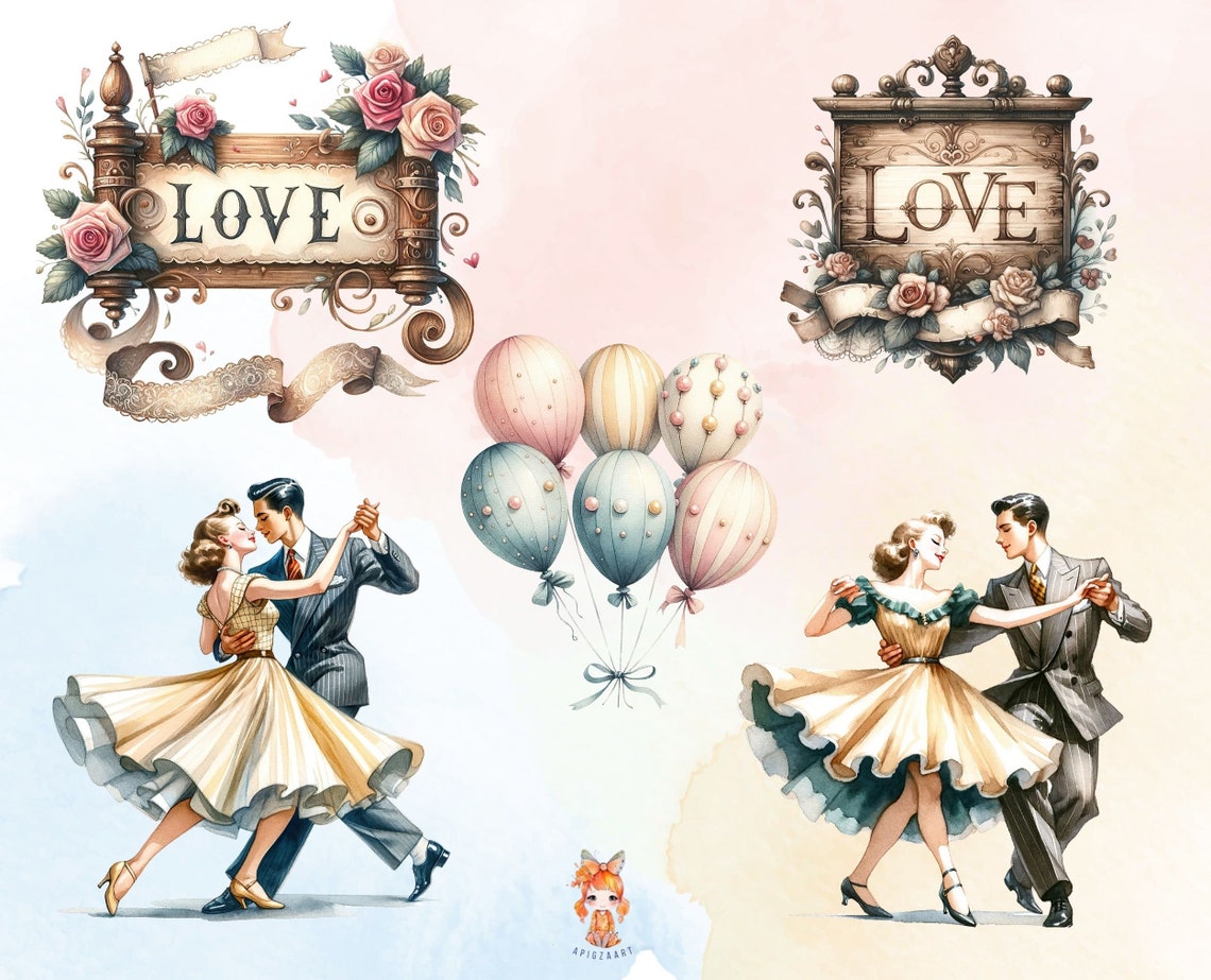 Valentine Vintage Clipart | Romantic Couple | Watercolor Illustrations ...