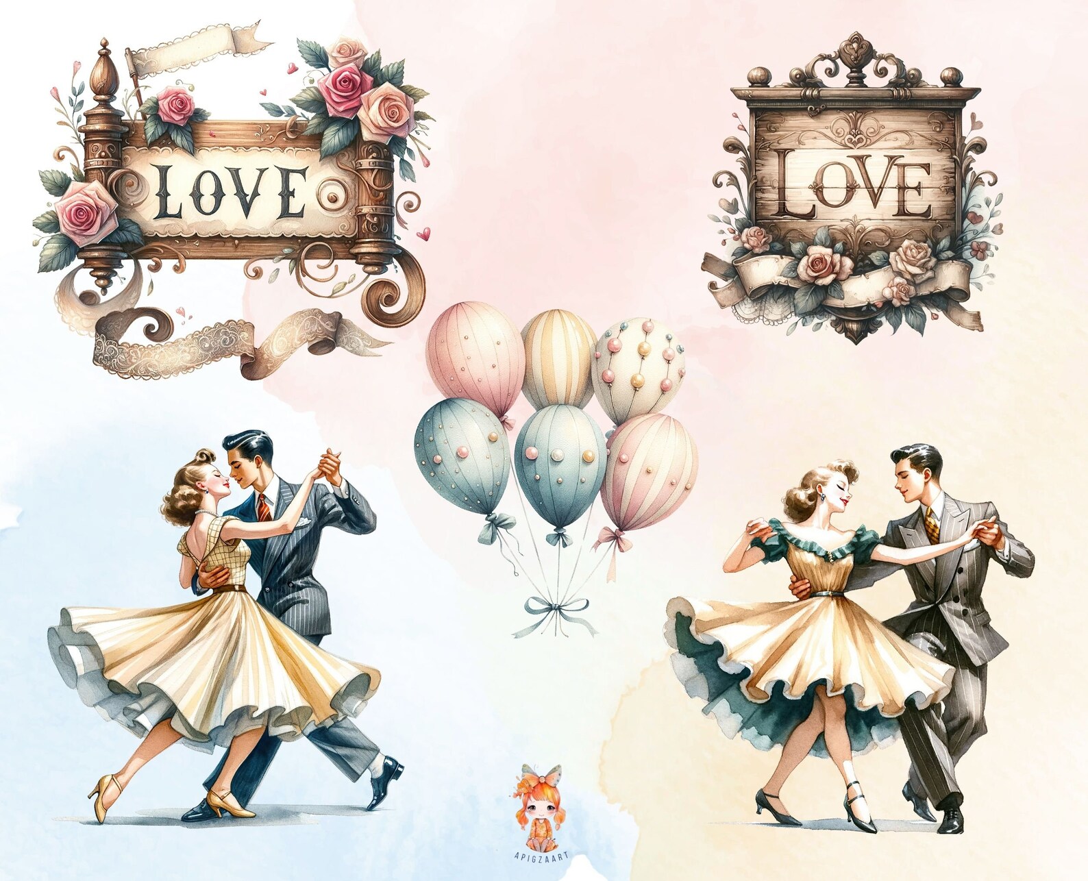 Valentine Vintage Clipart | Romantic Couple | Watercolor Illustrations ...