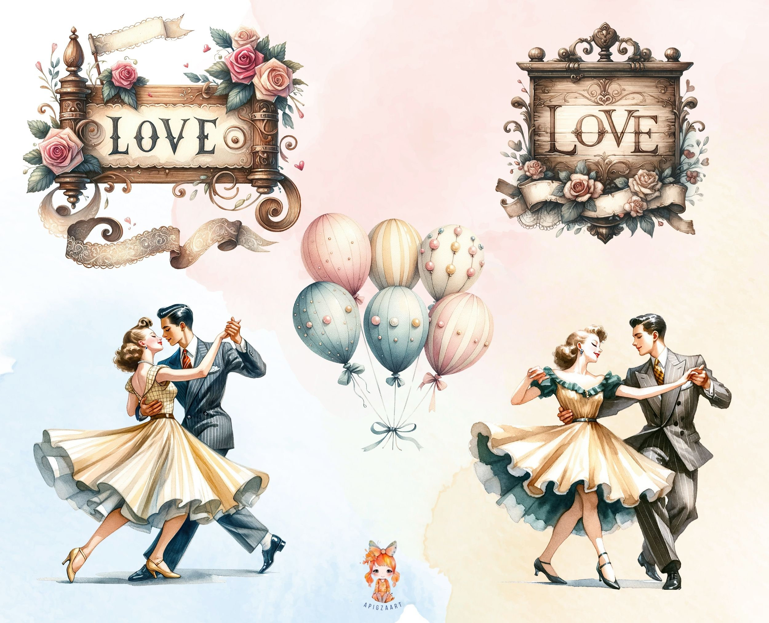 Valentine Vintage Clipart | Romantic Couple | Watercolor Illustrations ...
