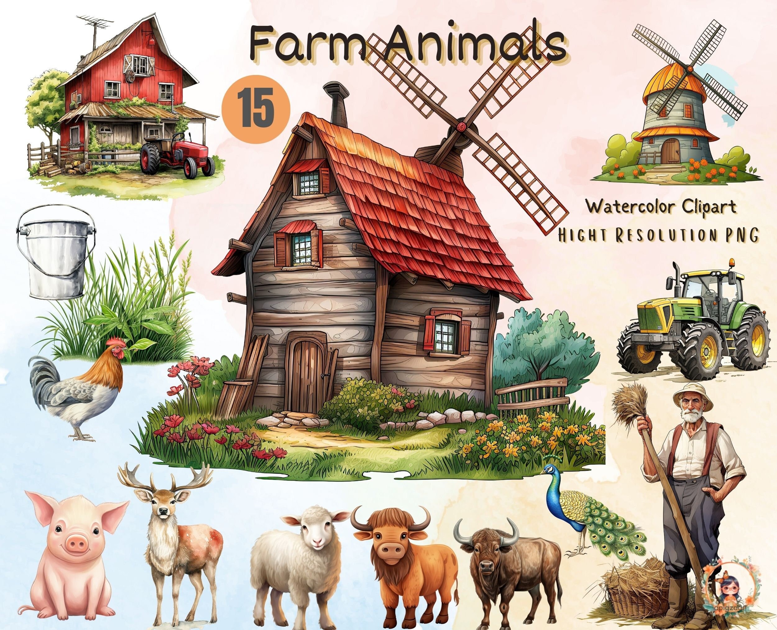 Farm Animals Watercolor Clipart Nursery Decor Cute Animals - Etsy