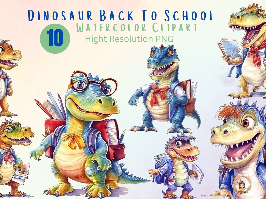 Watercolor Dinosaur Clipart: Back to School PNG Graphics (digital ...