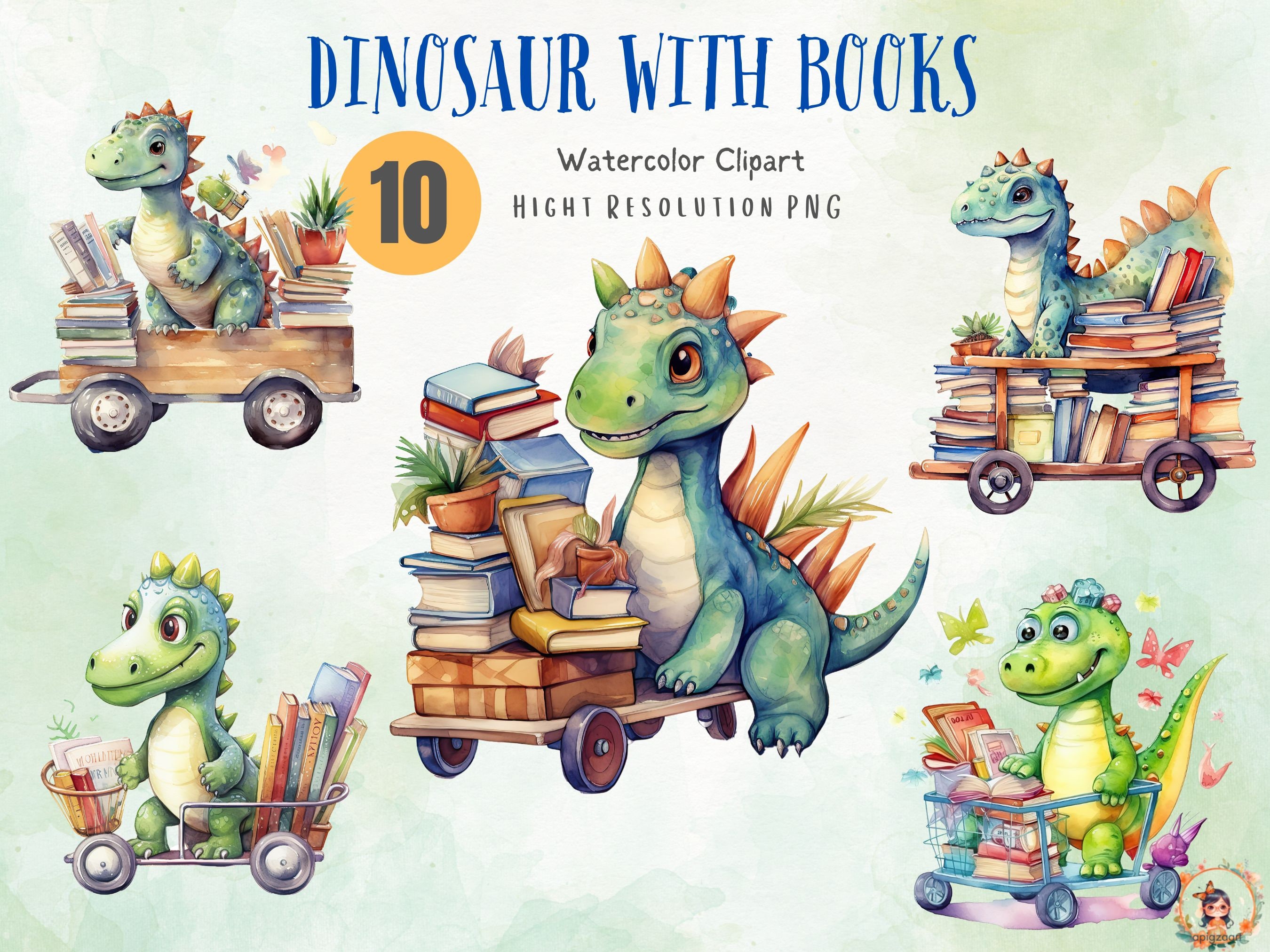 Watercolor Cute Dinosaurs With Book ,back to School , Baby Shower, Baby ...