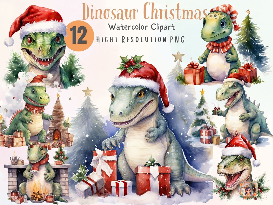 Dinosaur Christmas | T-rex in a Santa Hat | Watercolor Clipart ...