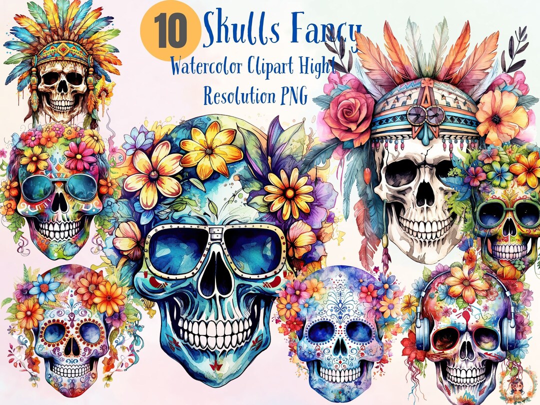 Skulls Fancy Watercolor Clipart , Boho Floral Skulls Watercolour in PNG ...