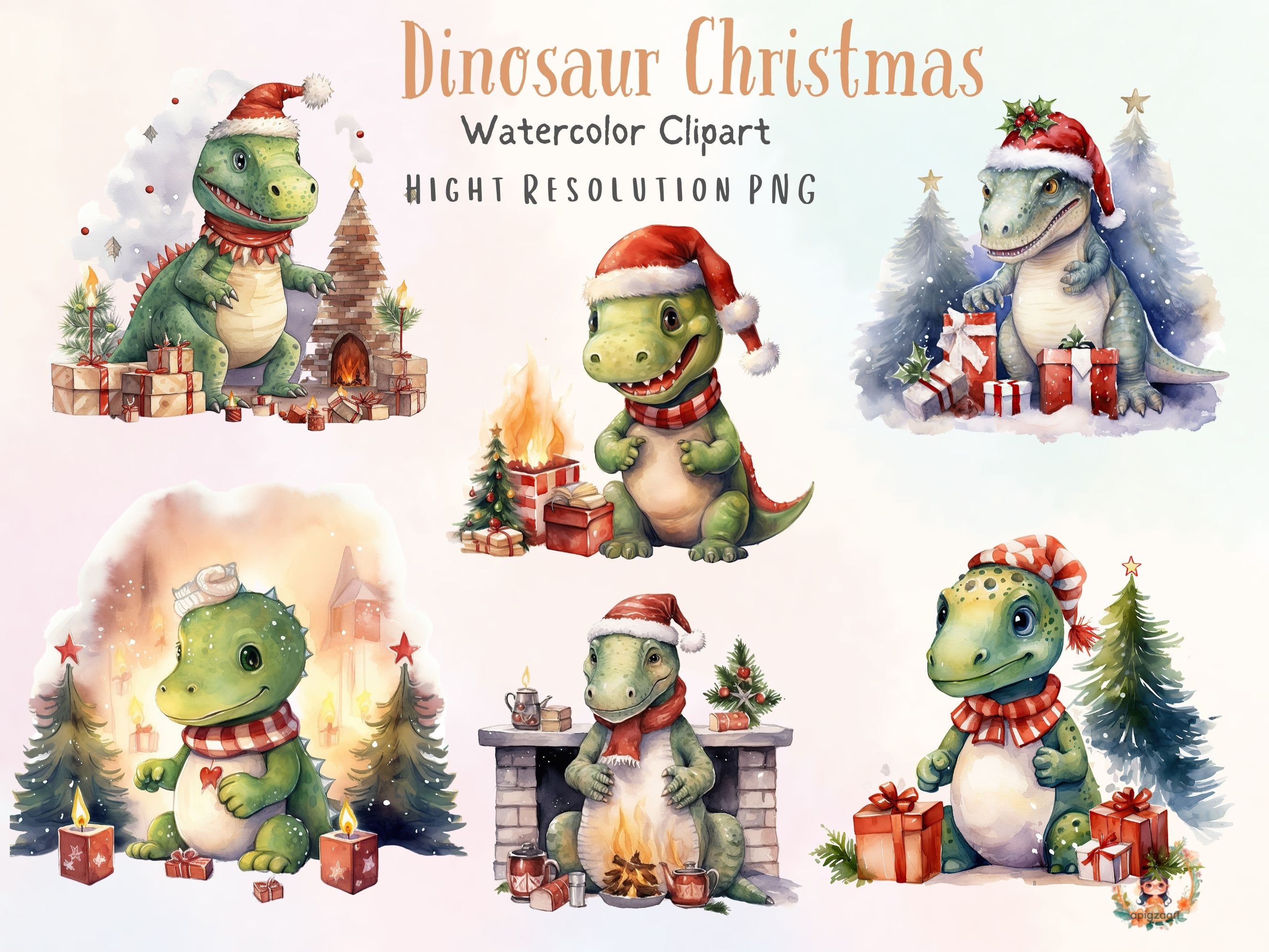 Dinosaur Christmas | T-rex in a Santa Hat | Watercolor Clipart ...