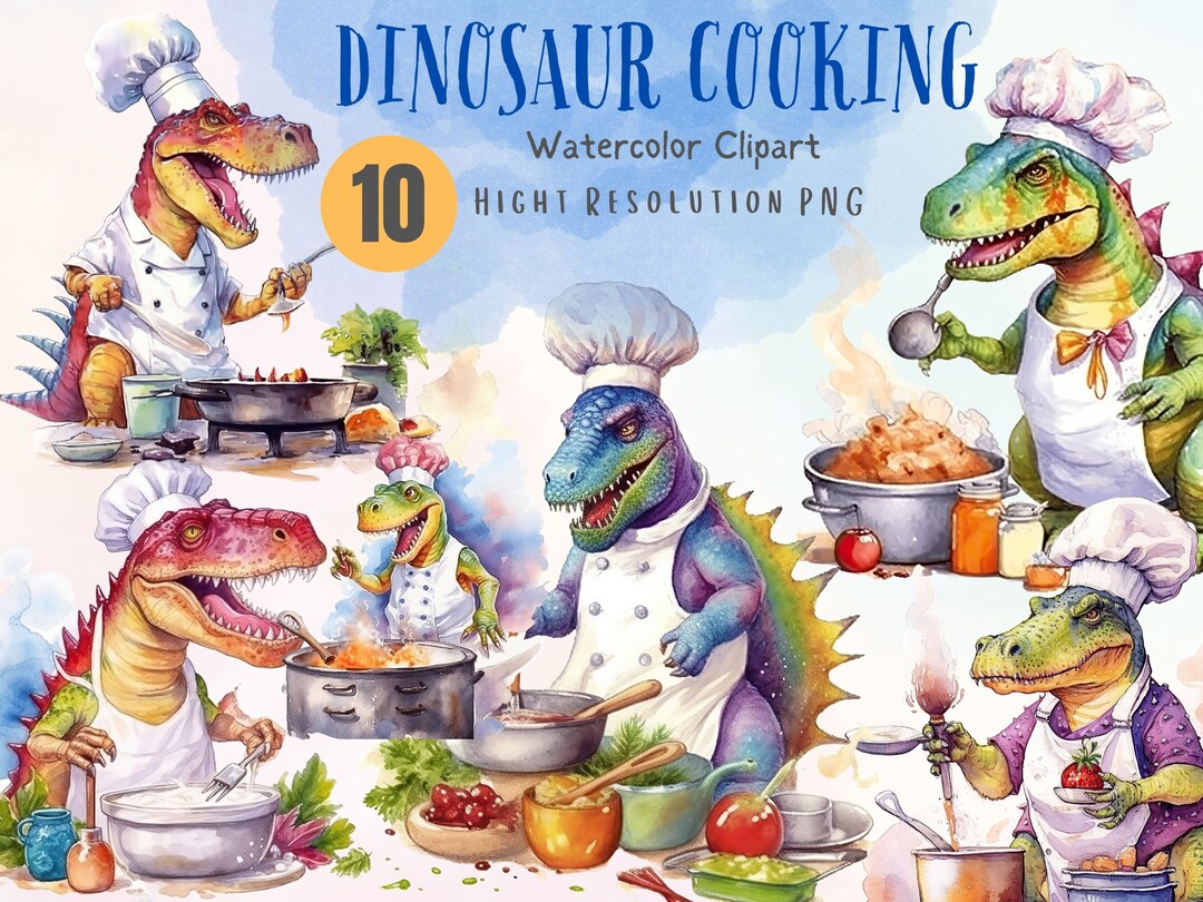 Watercolor Cute Dinosaurs Cooking Food | Dino Funny | Dinosaur Chef ...