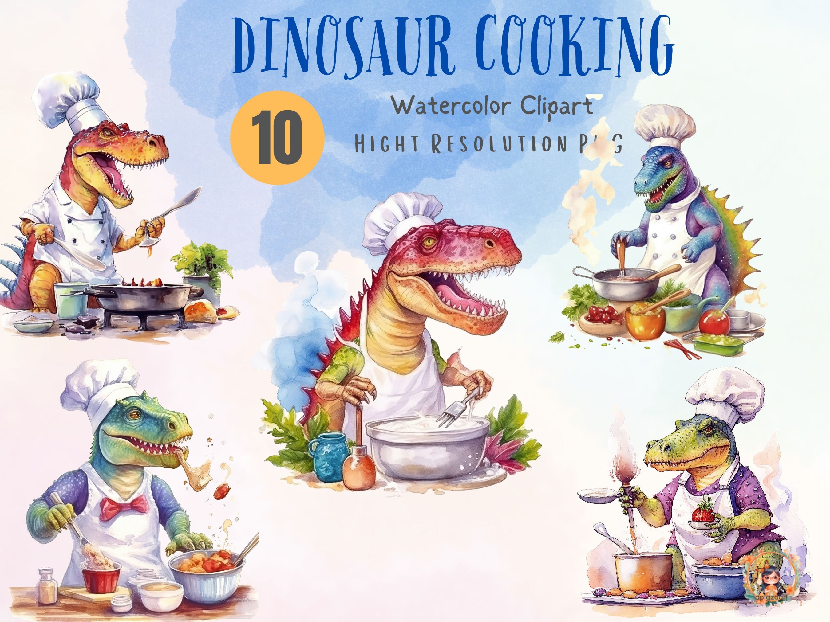 Watercolor Cute Dinosaurs Cooking Food | Dino Funny | Dinosaur Chef ...