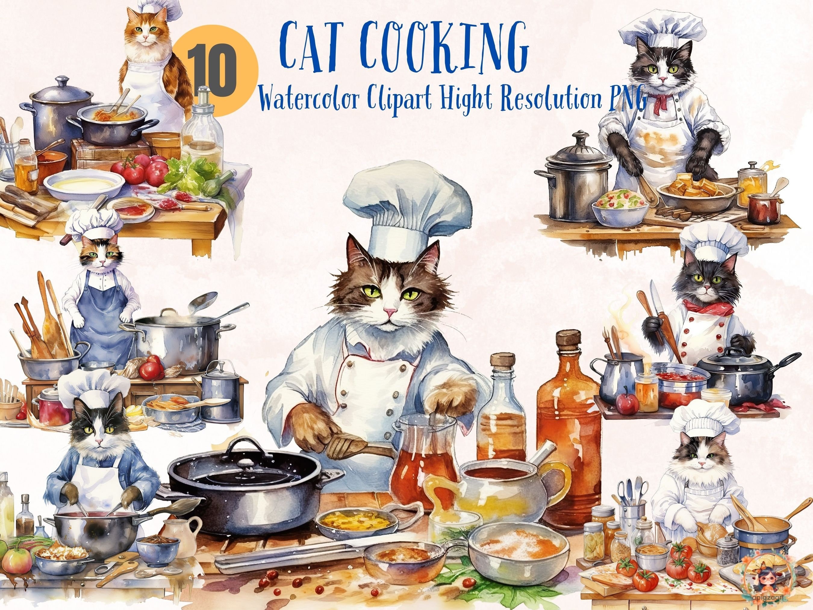 Cute Cat Chef Clipart | Watercolor Cooking Animals (digital Download ...